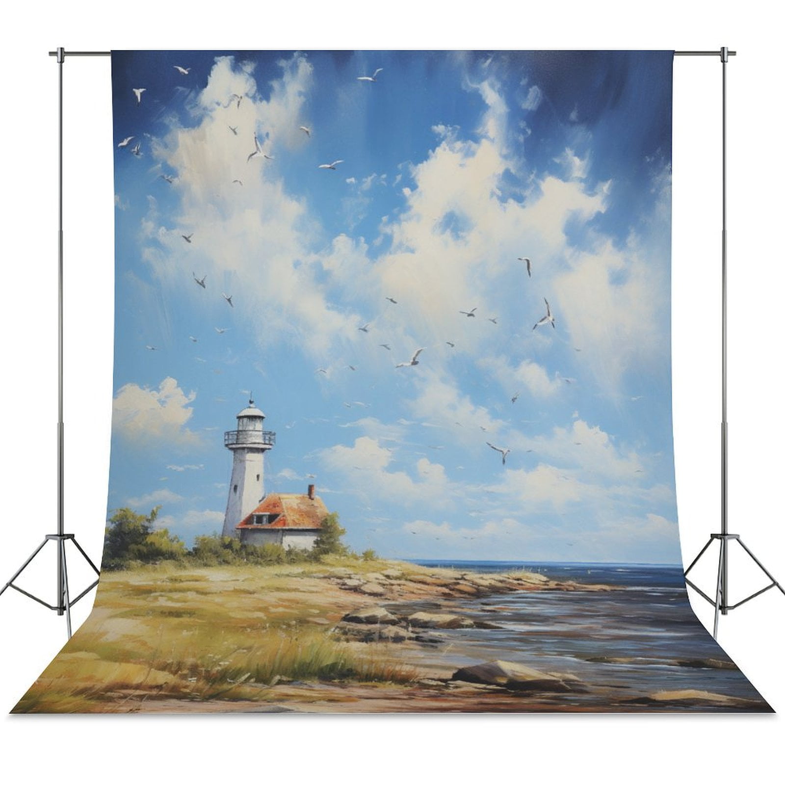 Lighthouse Sunrise Coast Scenery Pale Blue Tan Backdrop Background for ...