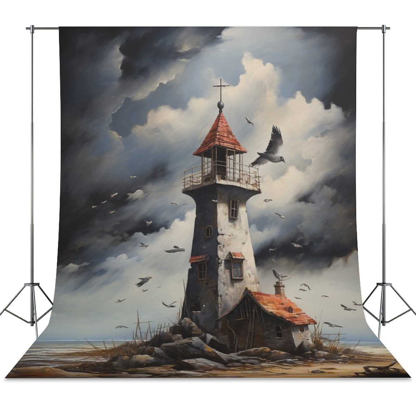 Lighthouse Sunrise Coast Scenery Pale Blue Tan Backdrop Background for ...