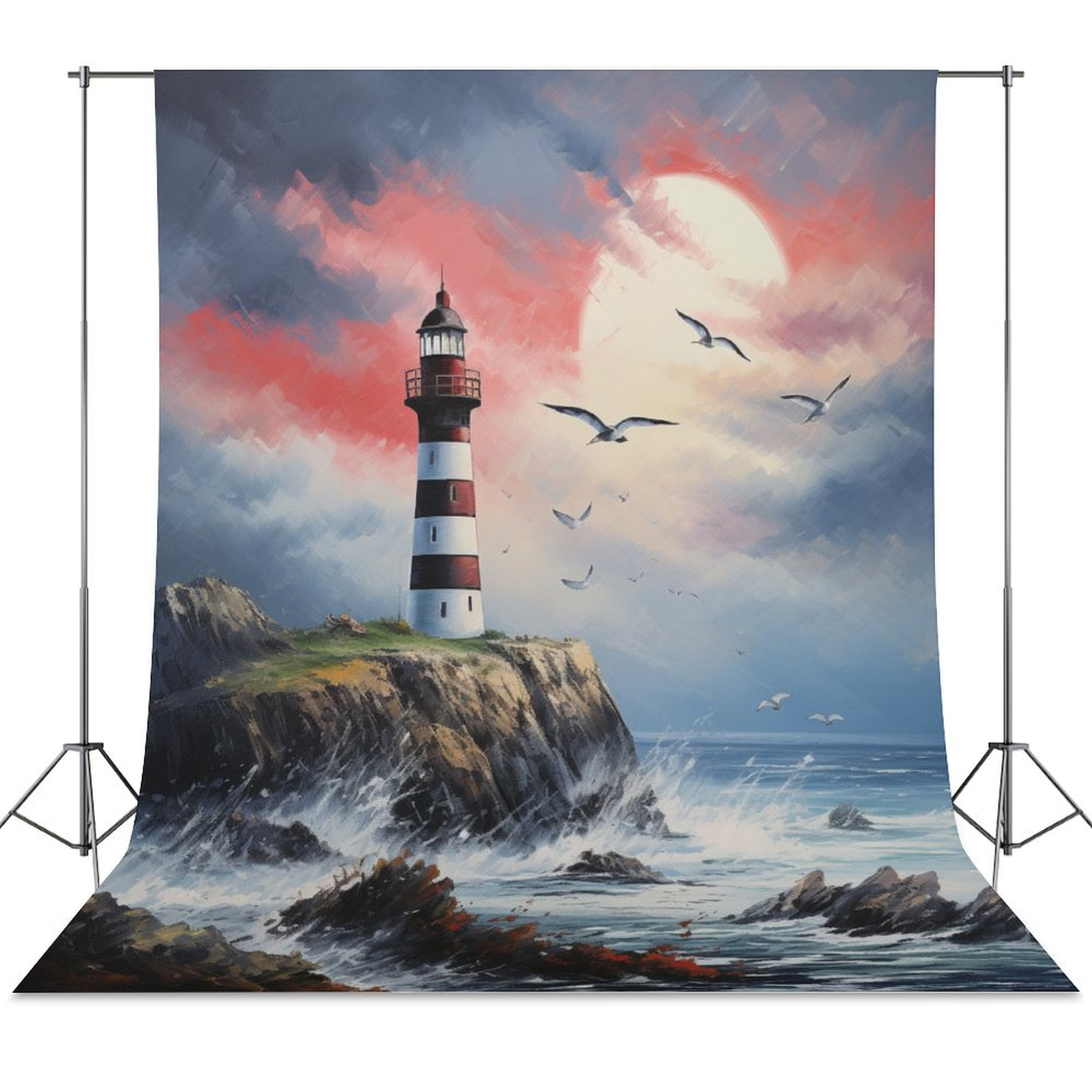 Lighthouse Sunrise Coast Scenery Pale Blue Tan Backdrop Background for ...