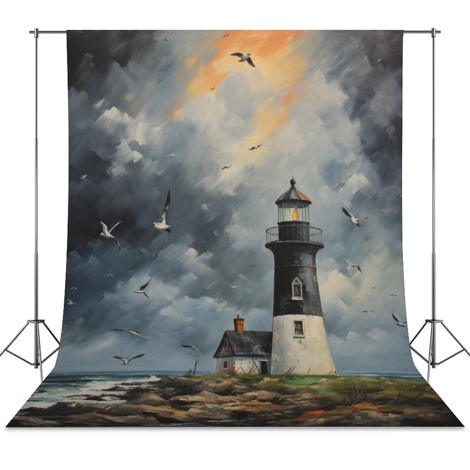 Lighthouse Sunrise Coast Scenery Pale Blue Tan Backdrop Background for ...
