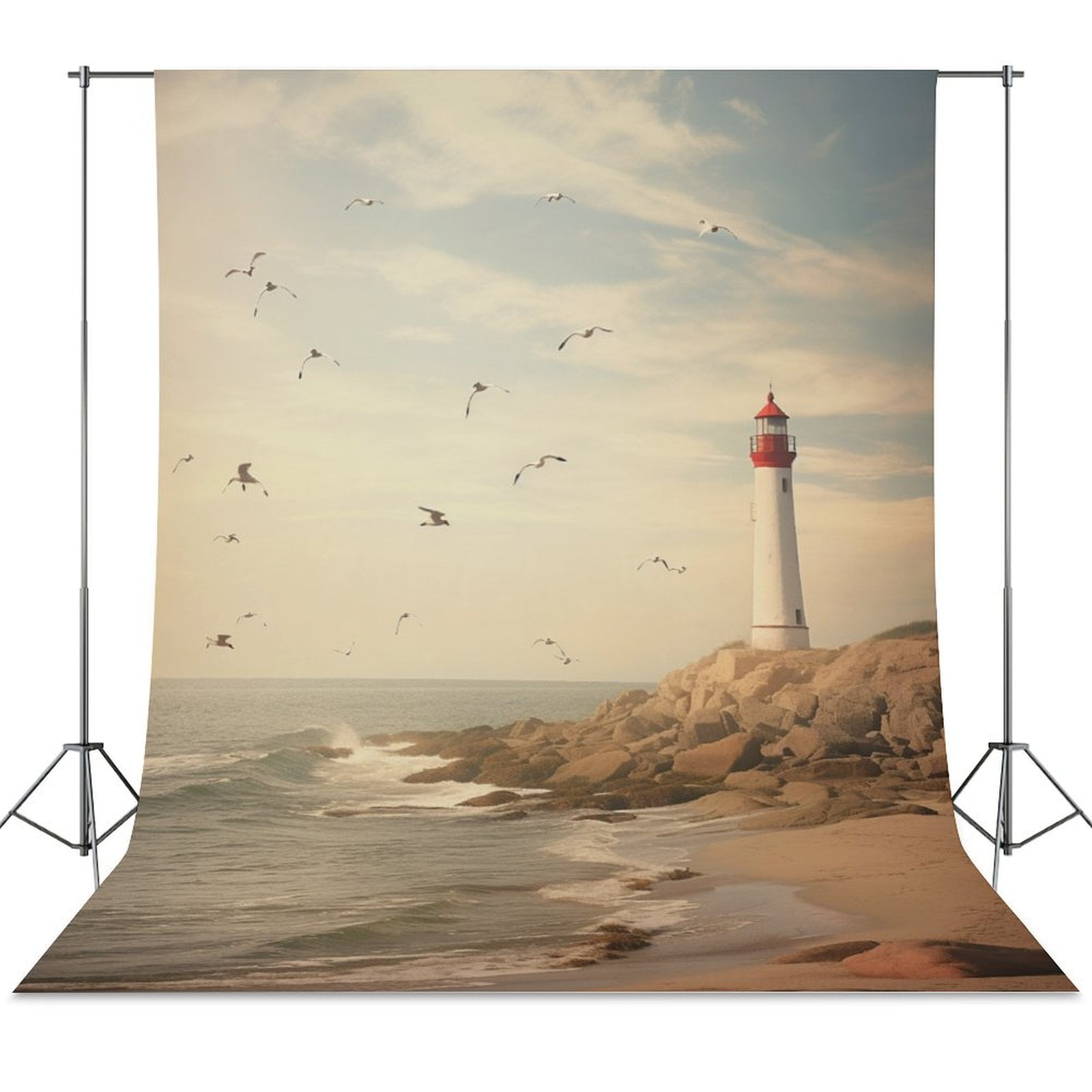 Lighthouse Sunrise Coast Scenery Pale Blue Tan Backdrop Background for ...