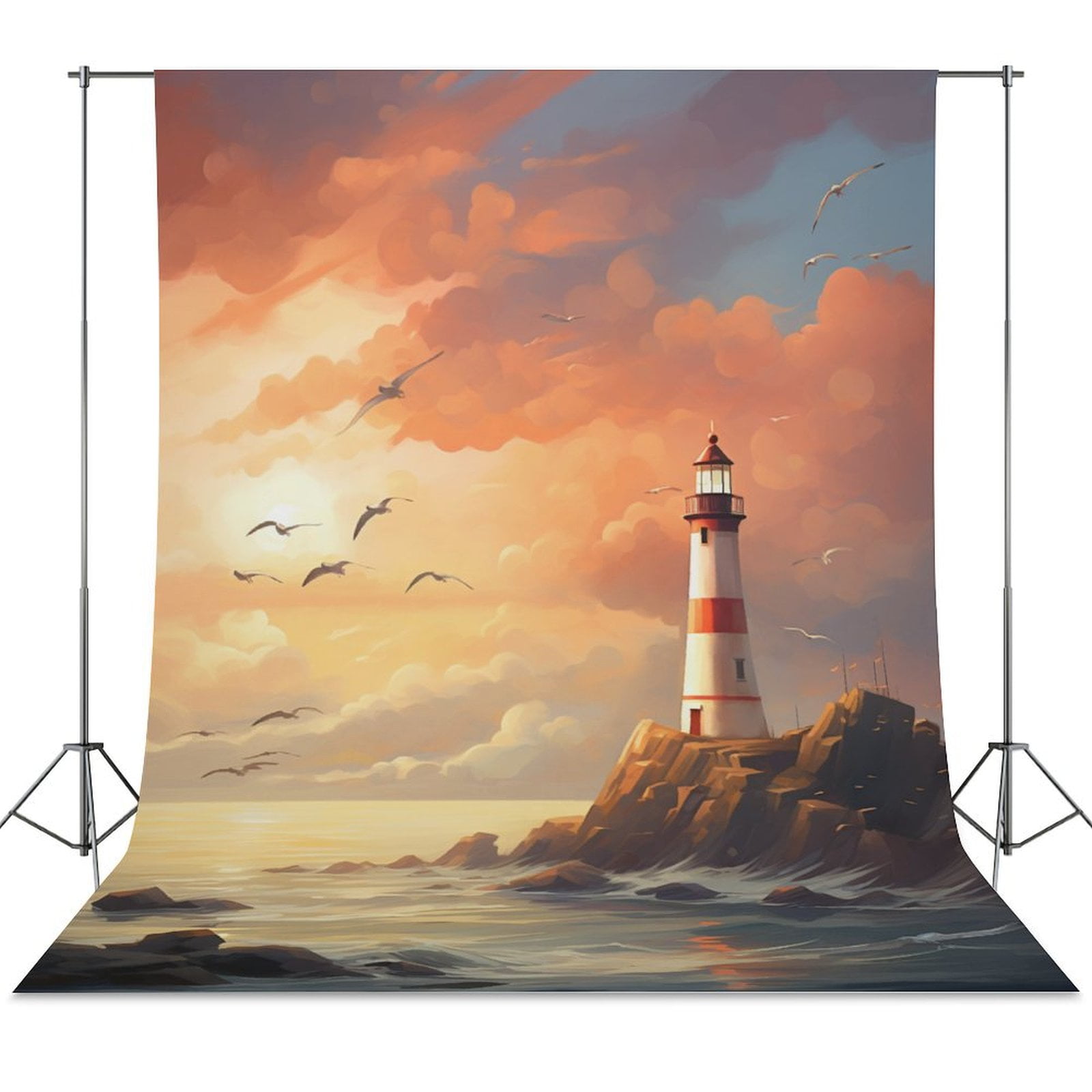 Lighthouse Sunrise Coast Scenery Pale Blue Tan Backdrop Background for ...