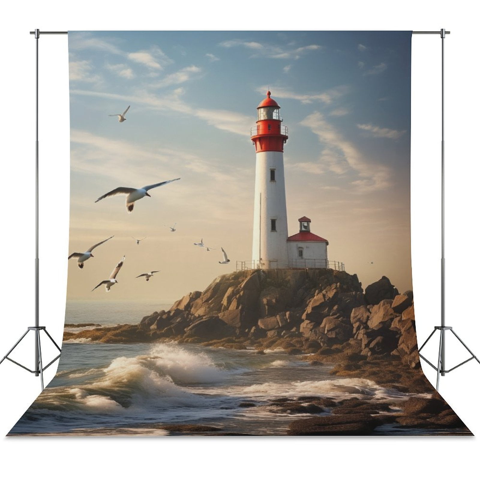 Lighthouse Sunrise Coast Scenery Pale Blue Tan Backdrop Background for ...