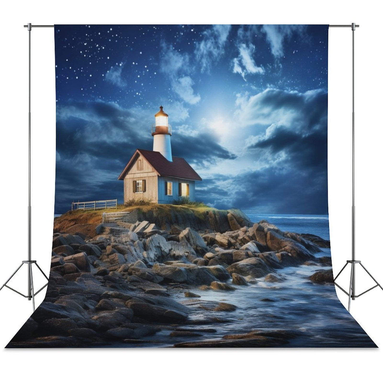 Lighthouse Sunrise Coast Scenery Pale Blue Tan Backdrop Background for ...