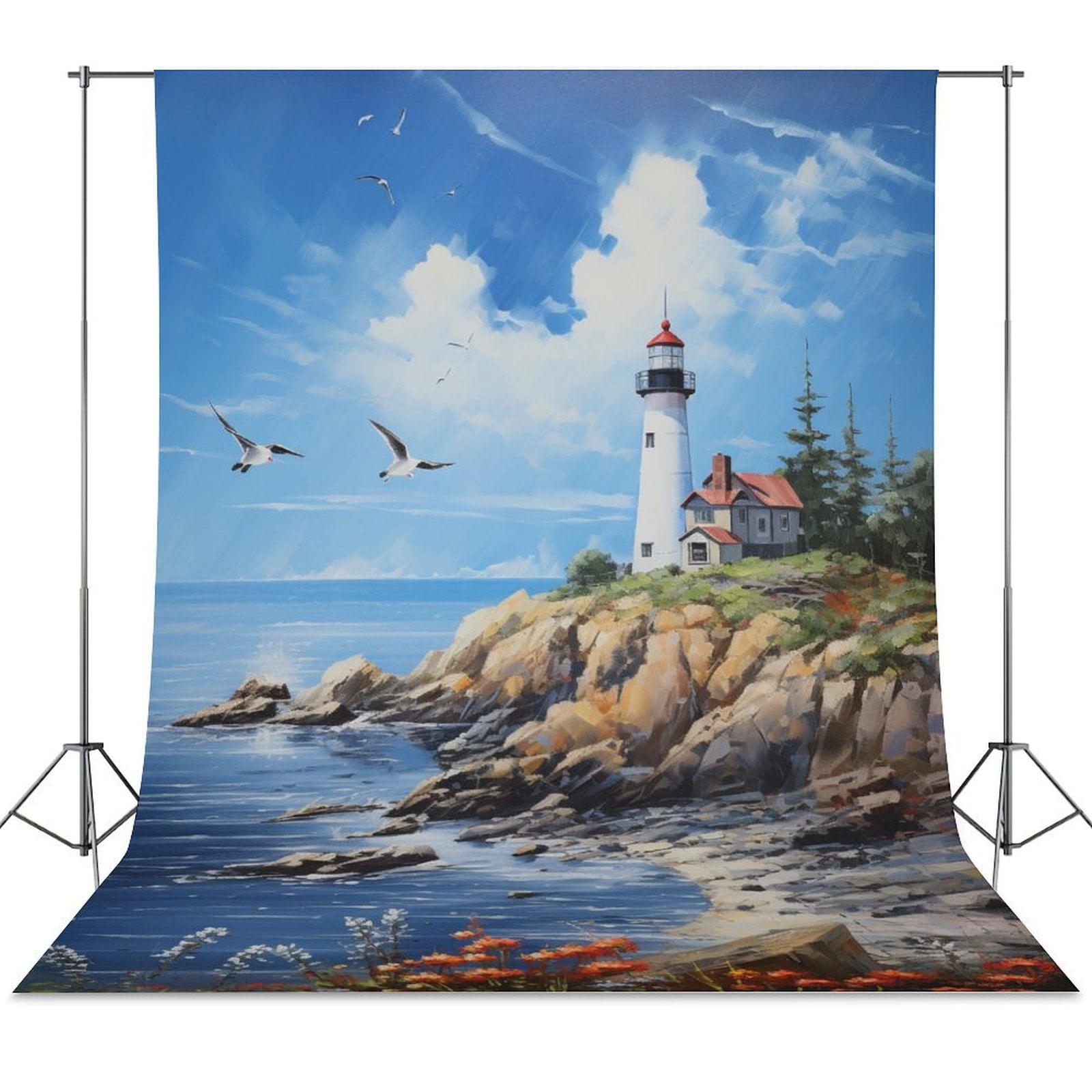 Lighthouse Sunrise Coast Scenery Pale Blue Tan Backdrop Background for ...