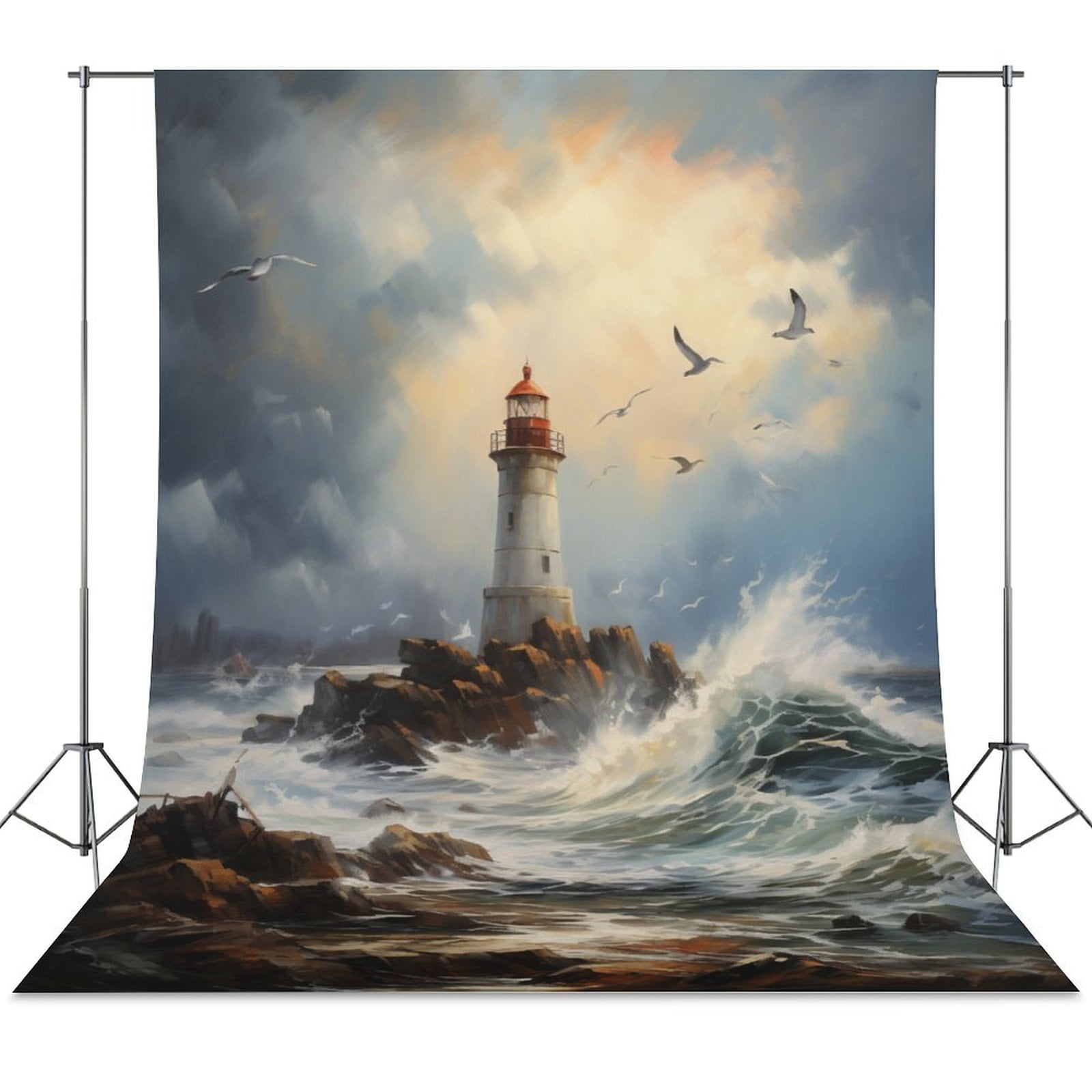 Lighthouse Sunrise Coast Scenery Pale Blue Tan Backdrop Background for ...