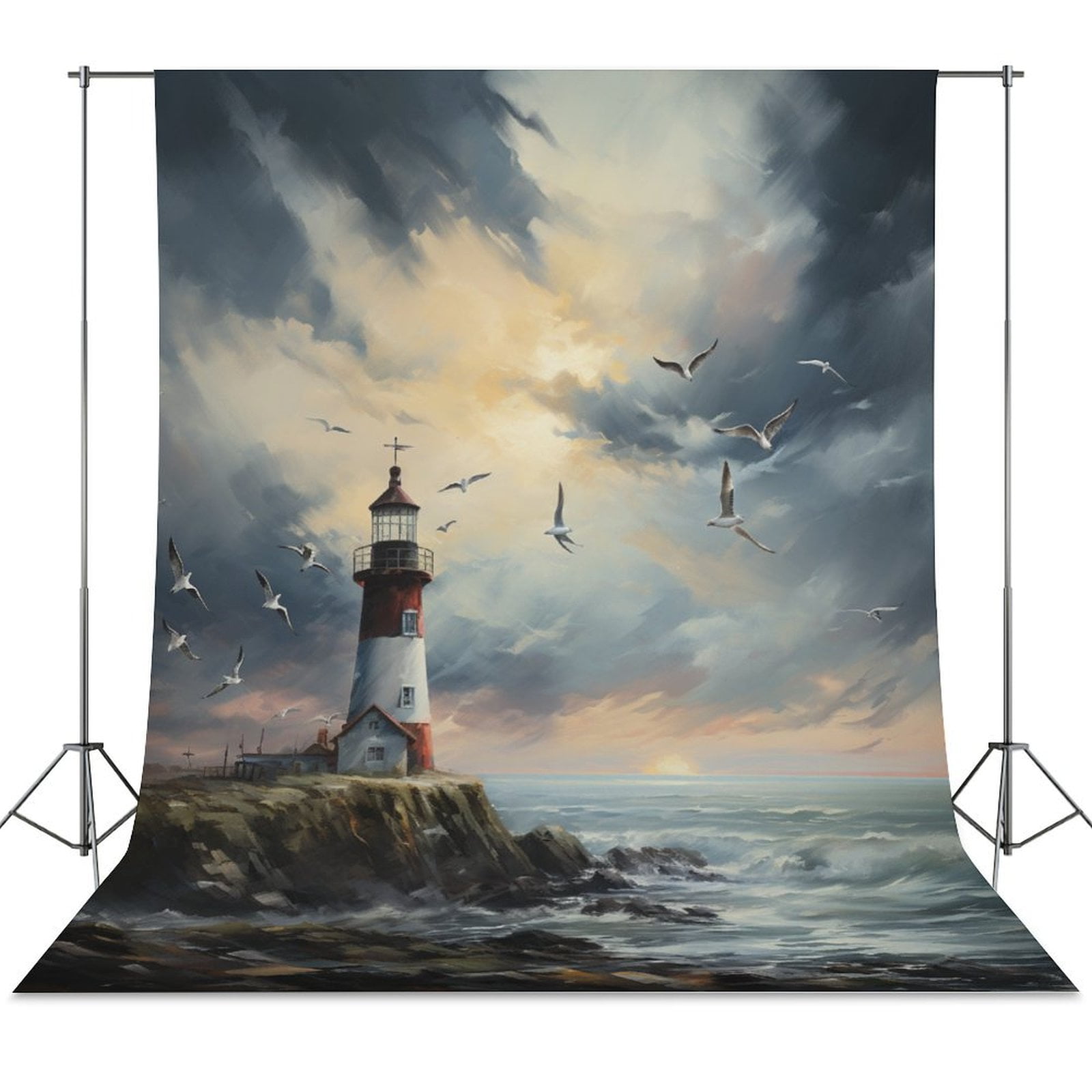 Lighthouse Sunrise Coast Scenery Pale Blue Tan Backdrop Background for ...