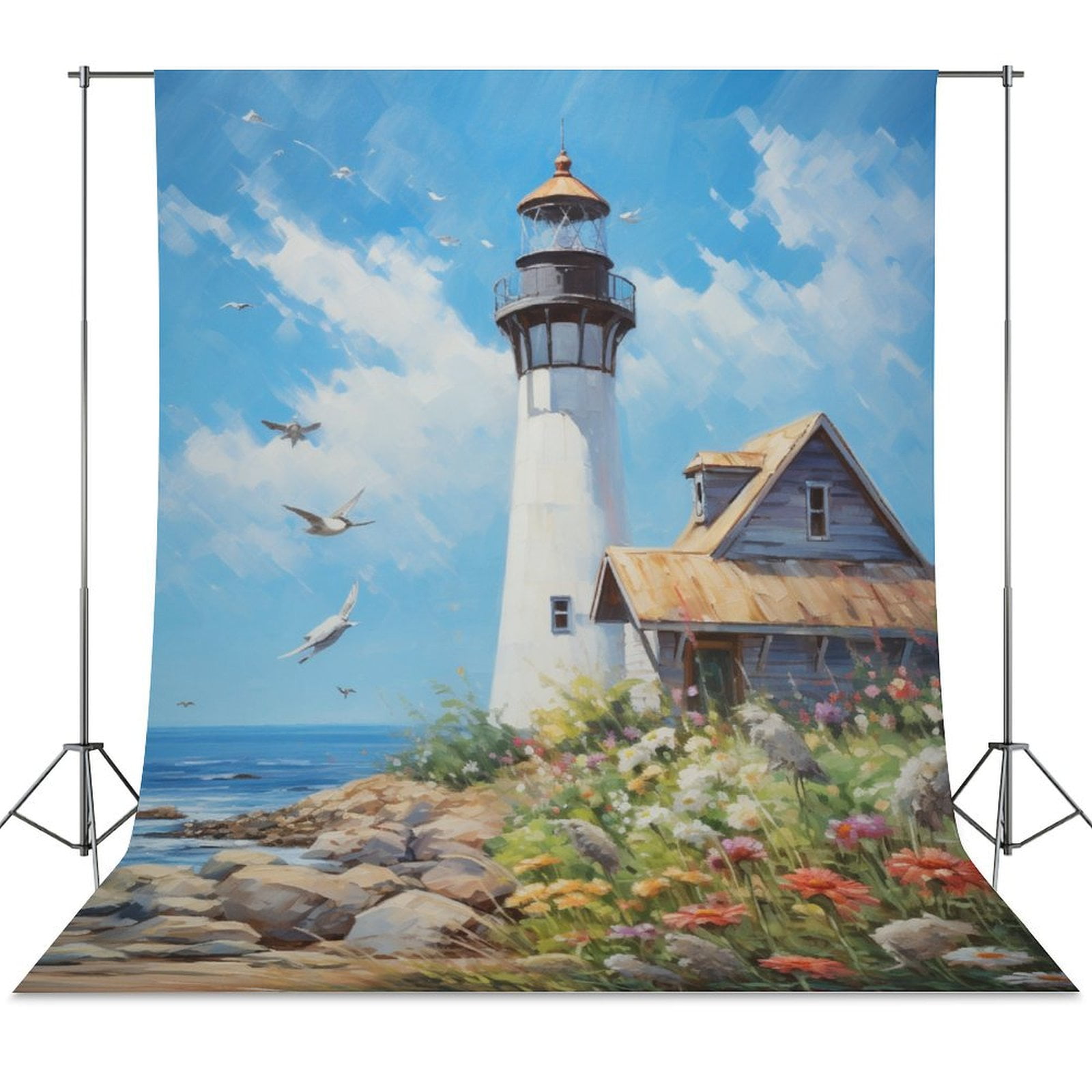 Lighthouse Sunrise Coast Scenery Pale Blue Tan Backdrop Background for ...