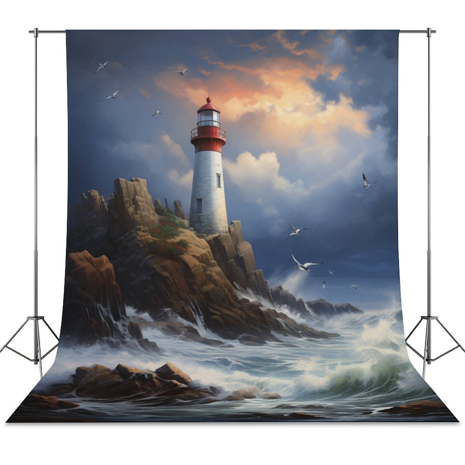Lighthouse Sunrise Coast Scenery Pale Blue Tan Backdrops for ...