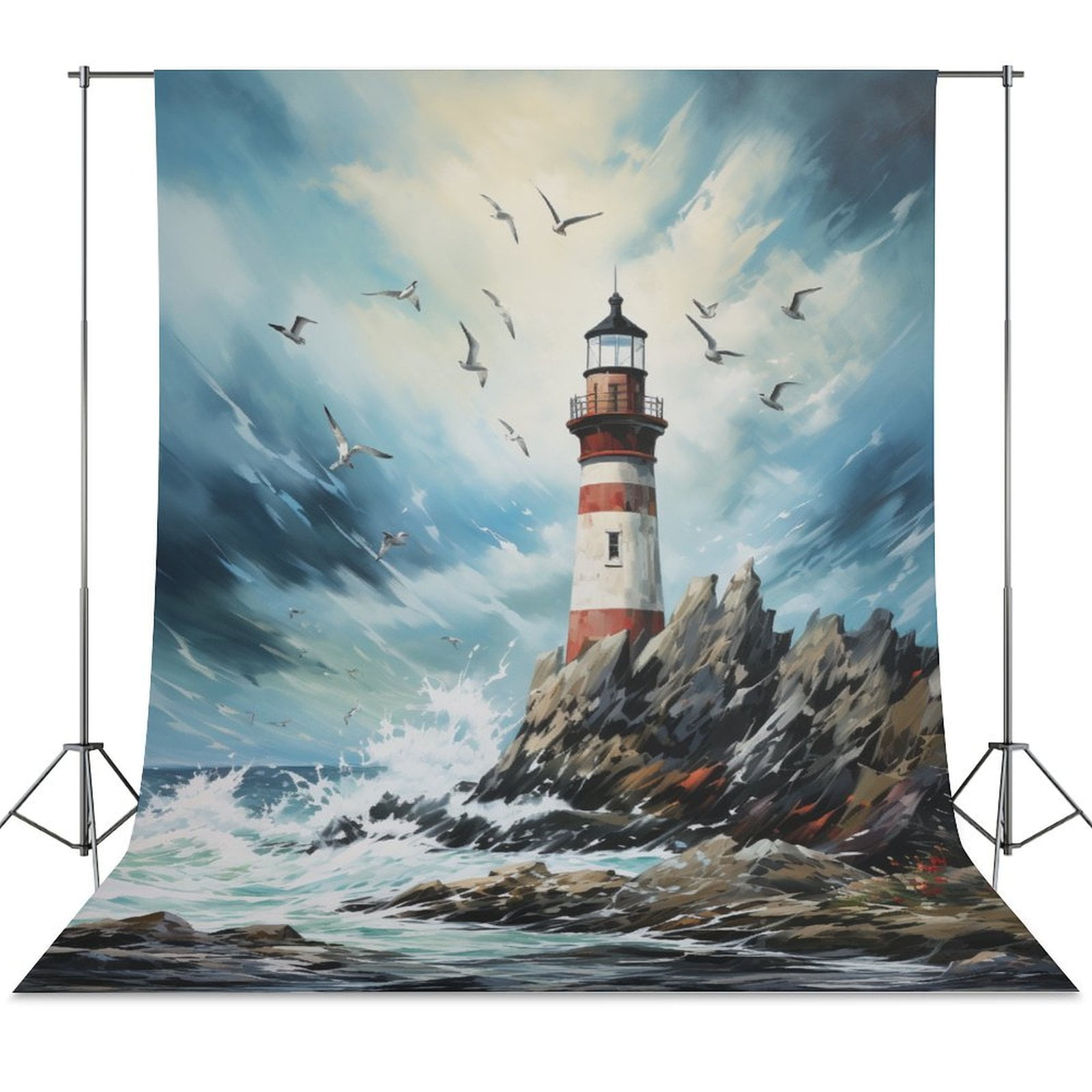 Lighthouse Sunrise Coast Scenery Pale Blue Tan Backdrops for ...