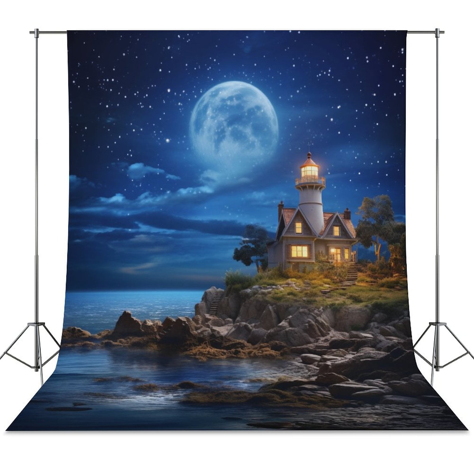 Lighthouse Sunrise Coast Scenery Pale Blue Tan Backdrops for ...