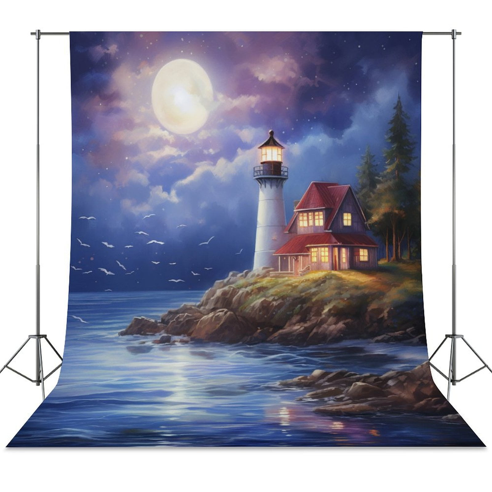 Lighthouse Sunrise Coast Scenery Pale Blue Tan Backdrops for ...
