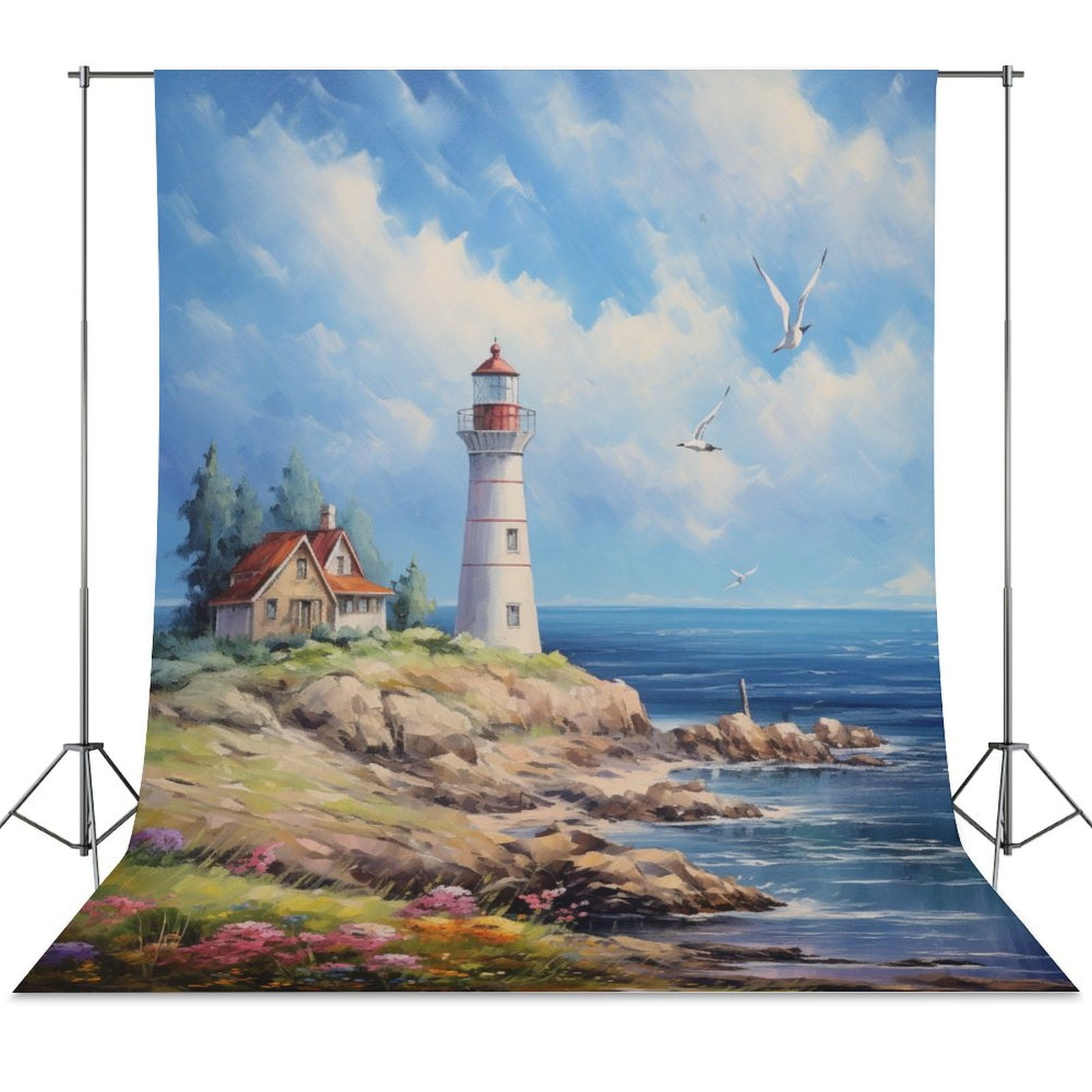 Lighthouse Sunrise Coast Scenery Pale Blue Tan Backdrops for ...