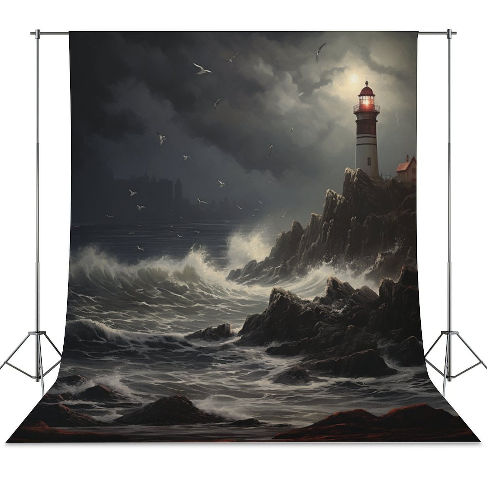 Lighthouse Sunrise Coast Scenery Pale Blue Tan Backdrops for ...