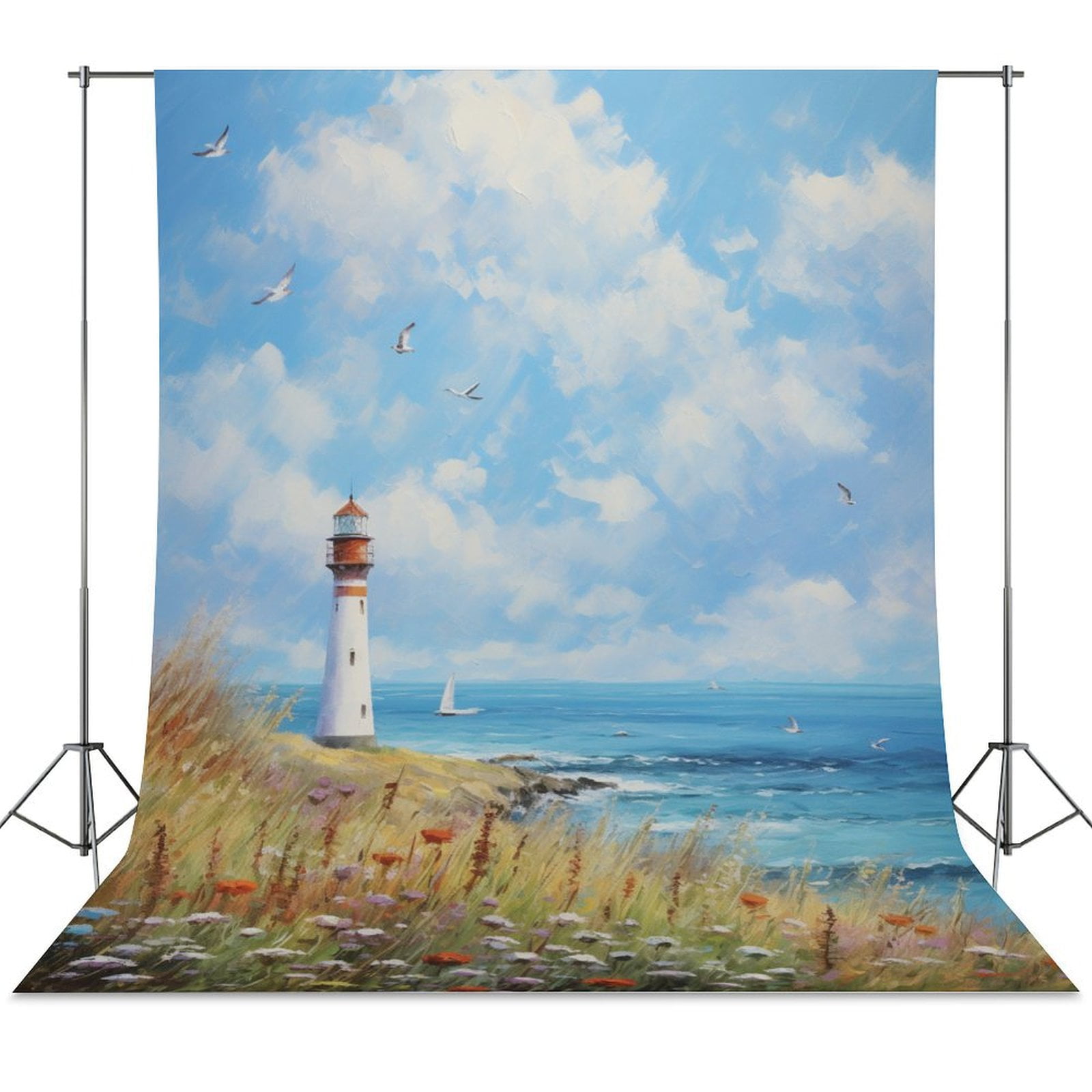 Lighthouse Sunrise Coast Scenery Pale Blue Tan Backdrops for ...