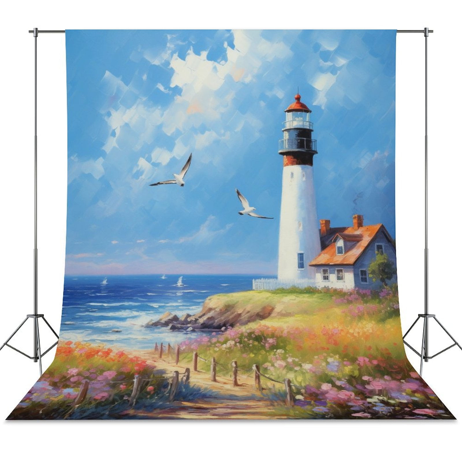 Lighthouse Sunrise Coast Scenery Pale Blue Tan Backdrops for ...