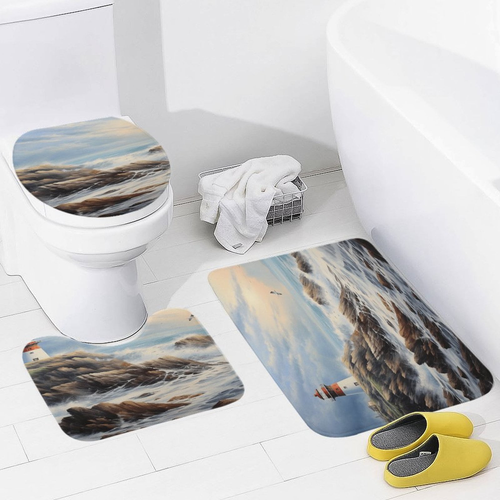 Lighthouse Sunrise Coast Scenery Pale Blue Tan Bathroom Mats Set 3 ...