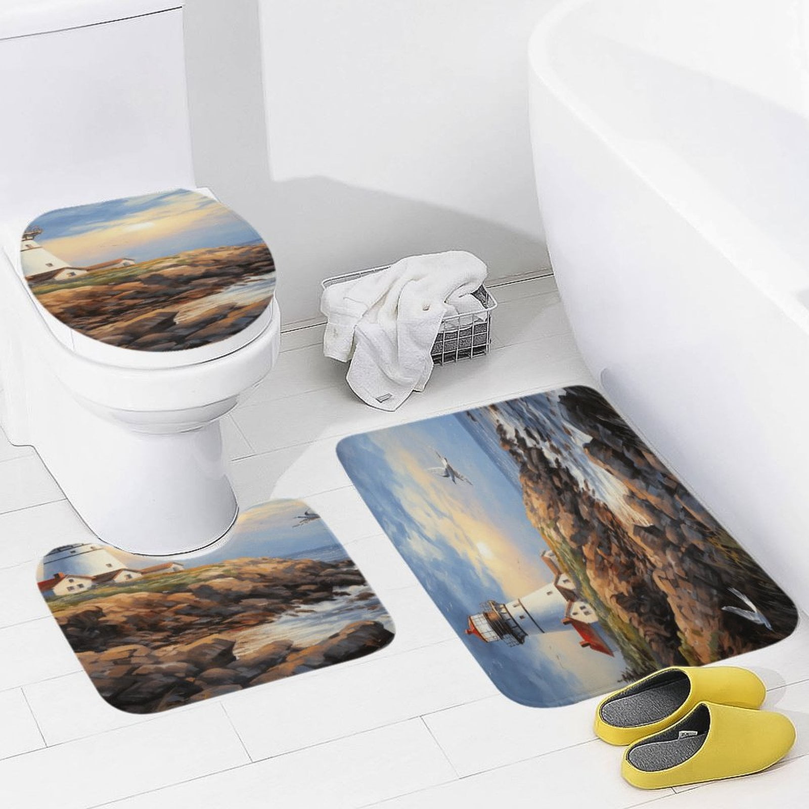 Lighthouse Sunrise Coast Scenery Pale Blue Tan Bathroom Mats Set 3 ...