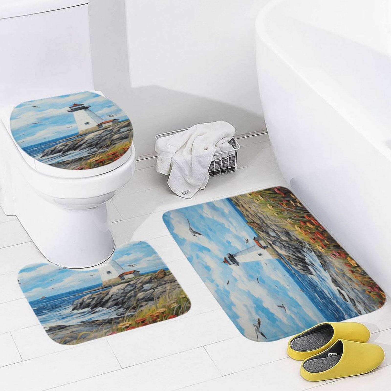 Lighthouse Sunrise Coast Scenery Pale Blue Tan Bathroom Mats Set 3 ...
