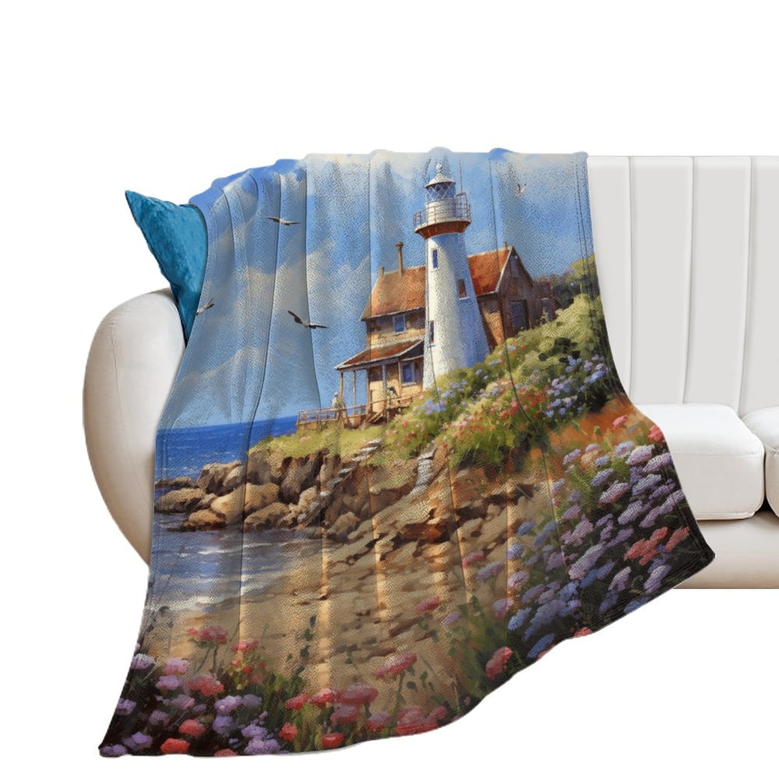 Lighthouse Sunrise Coast Scenery Pale Blue Tan Blanket for Bed Throw ...