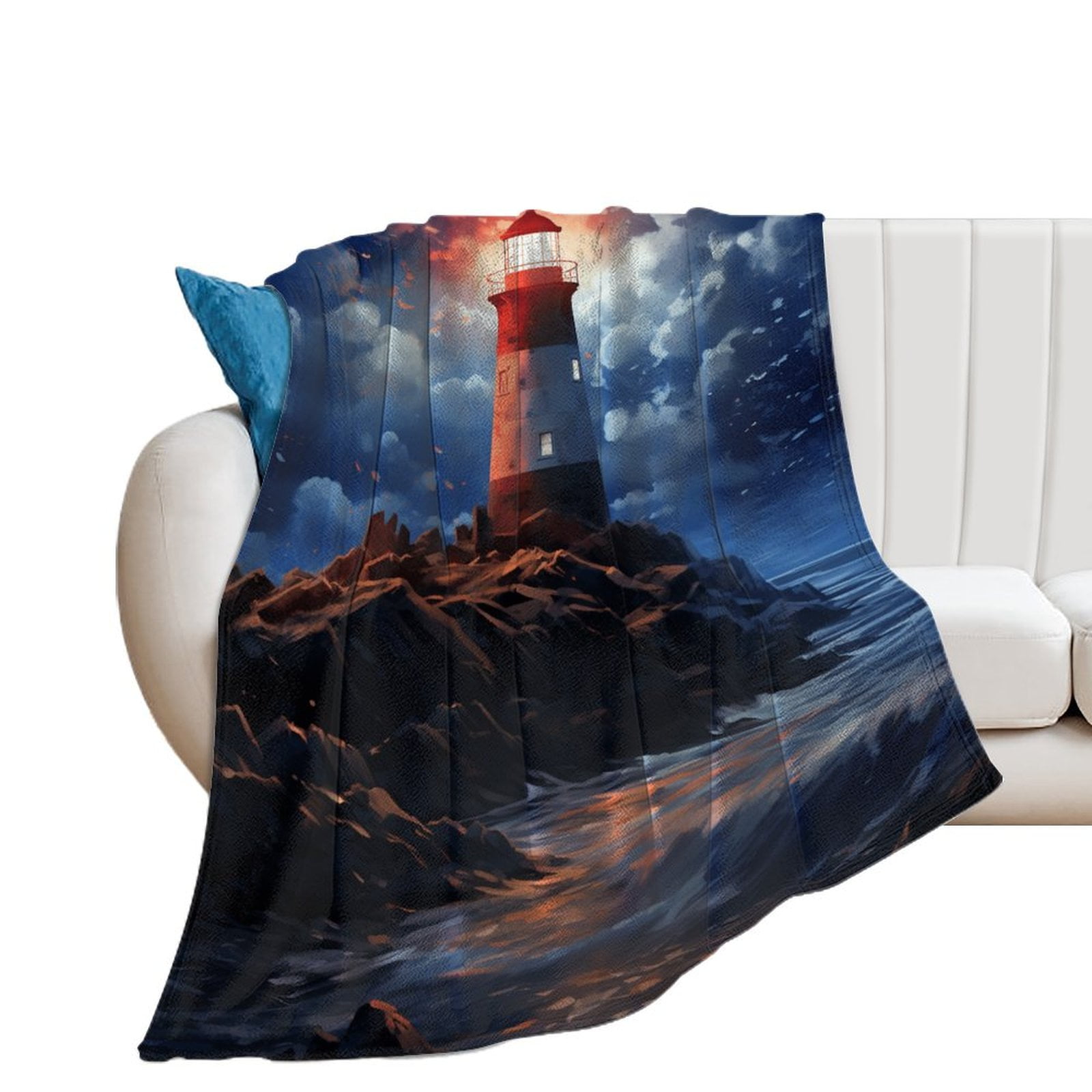 Lighthouse Sunrise Coast Scenery Pale Blue Tan Blanket for Bed Throw ...
