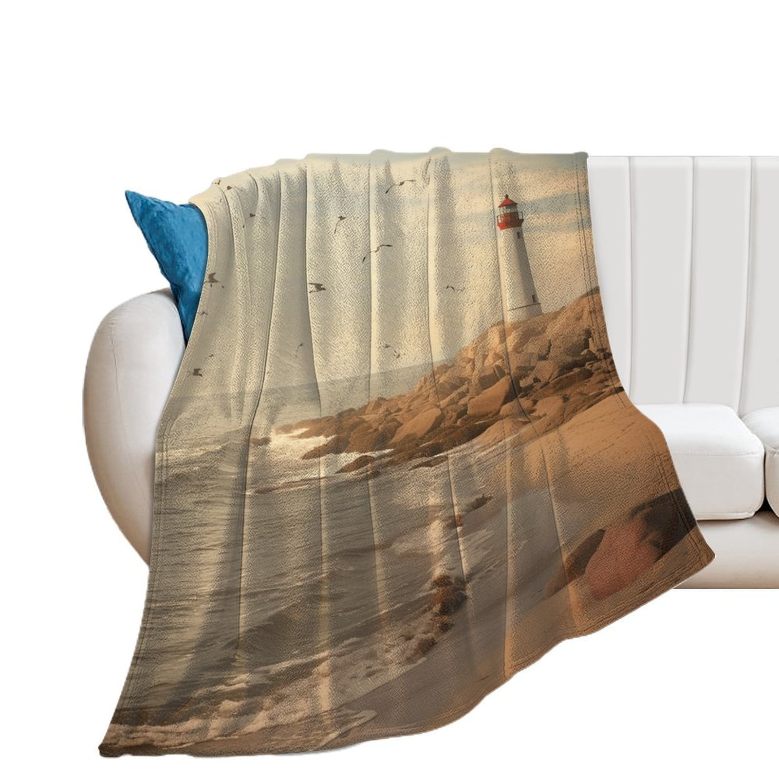 Lighthouse Sunrise Coast Scenery Pale Blue Tan Blanket for Bed Throw ...