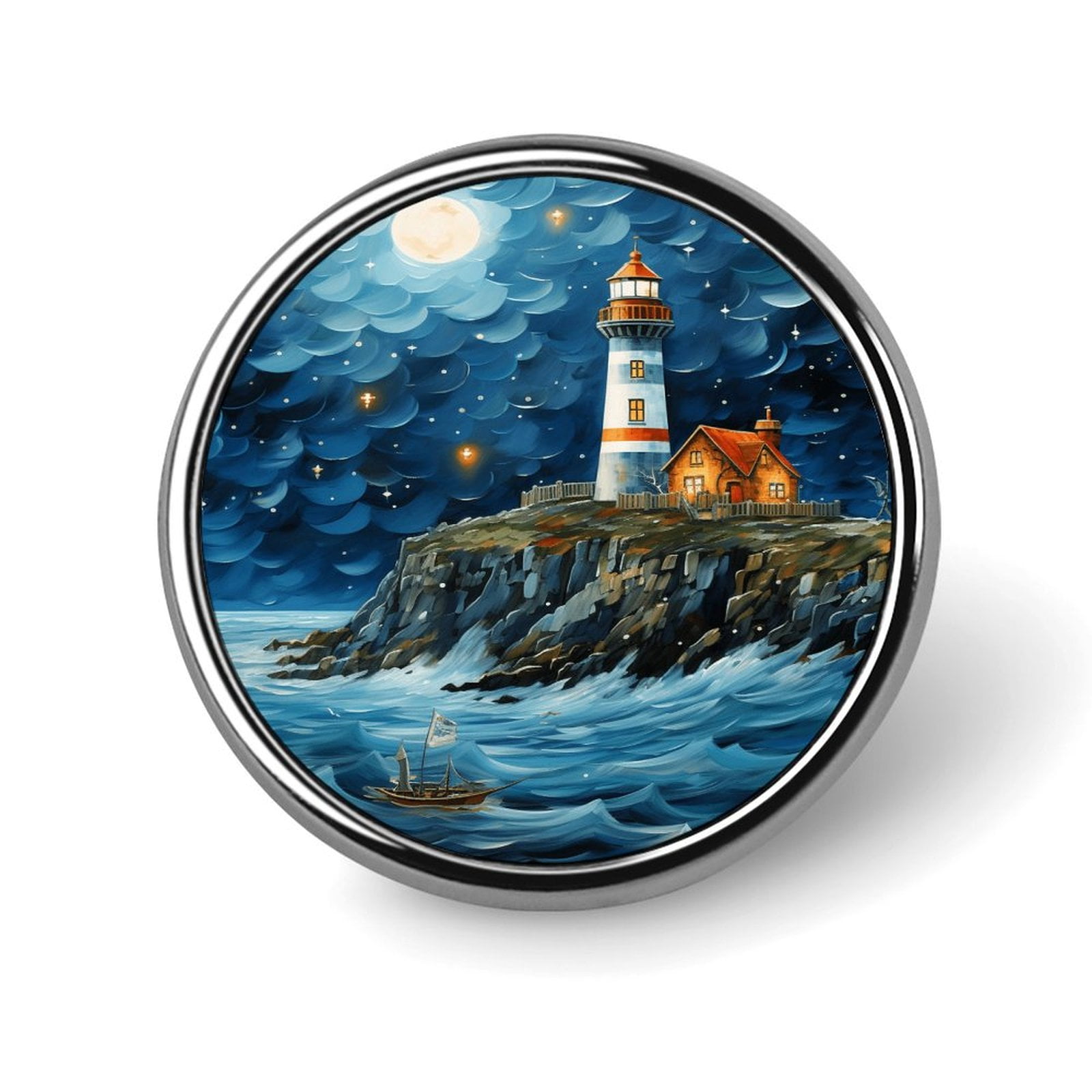 Lighthouse Sunrise Coast Scenery Pale Blue Tan Lapel Pin Round Art ...