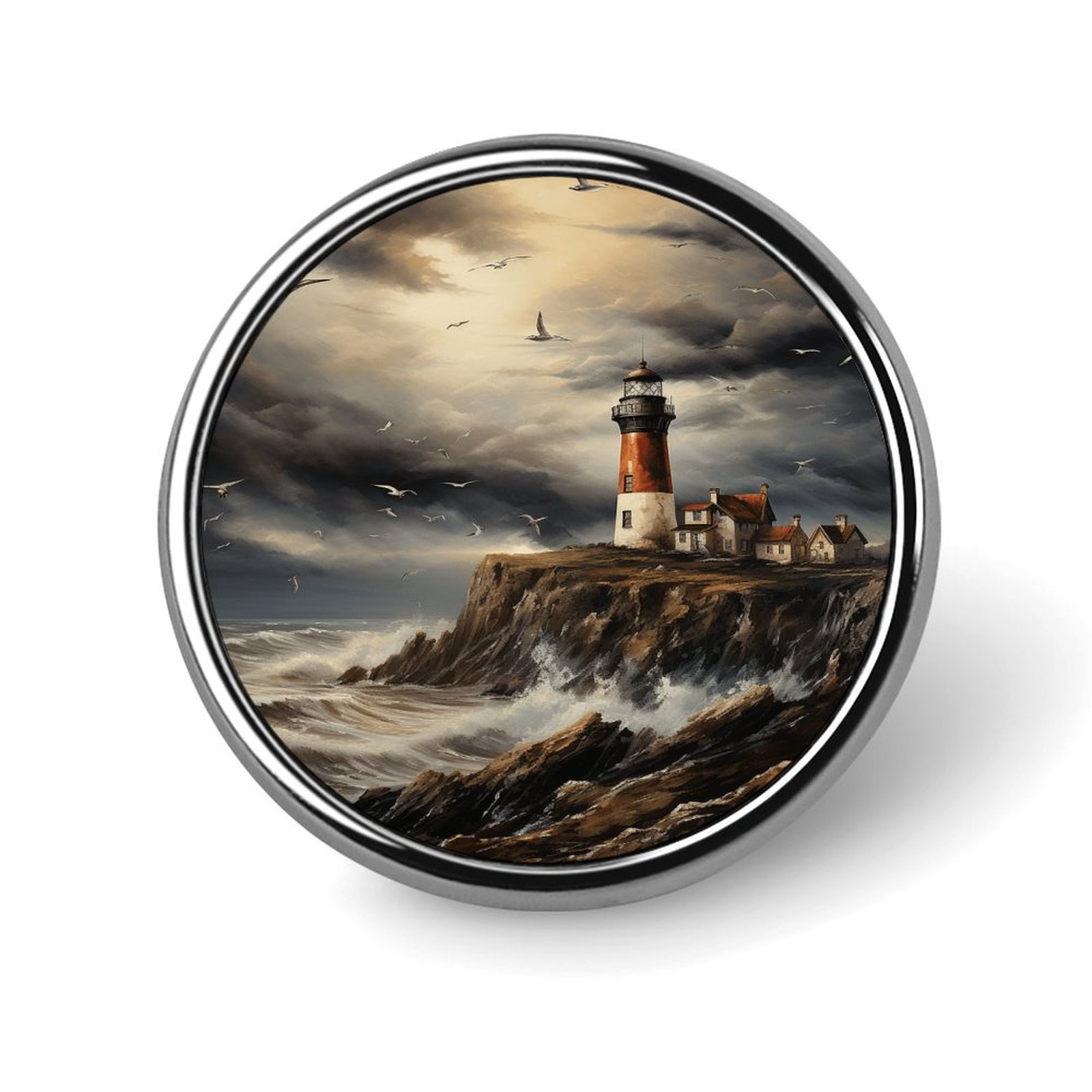 Lighthouse Sunrise Coast Scenery Pale Blue Tan Lapel Pin Round Art ...