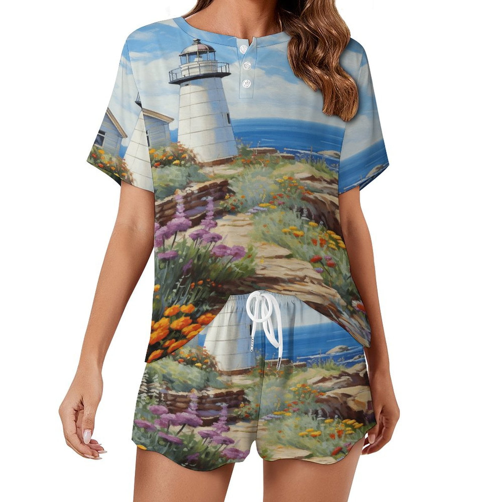 Lighthouse Sunrise Coast Scenery Pale Blue Tan Print Women'S Pajamas ...