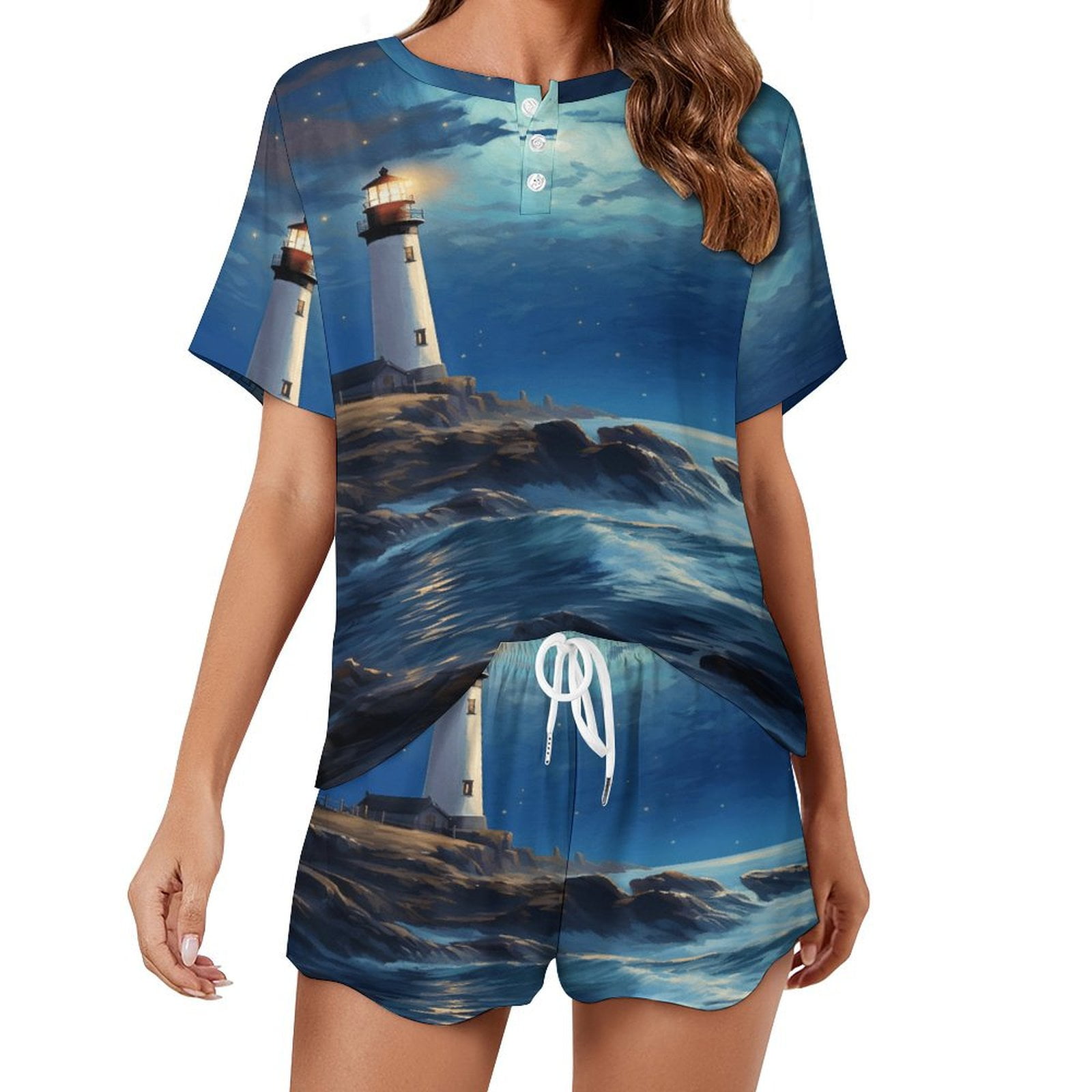 Lighthouse Sunrise Coast Scenery Pale Blue Tan Print Women'S Pajamas ...