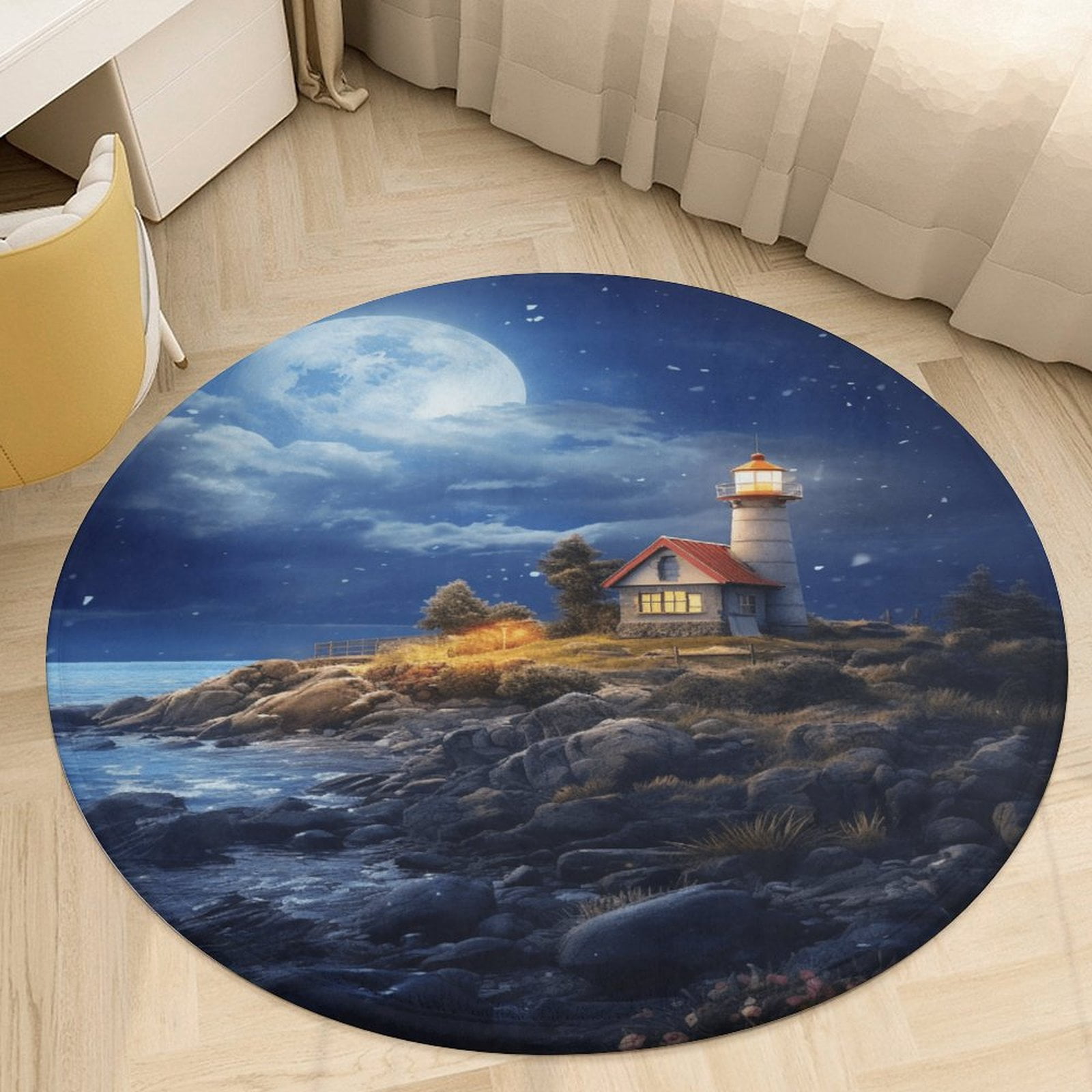 Lighthouse Sunrise Coast Scenery Pale Blue Tan Round Rugs -Washable Non ...