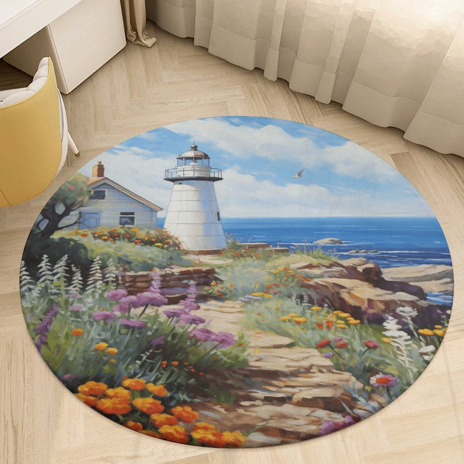 Lighthouse Sunrise Coast Scenery Pale Blue Tan Round Rugs -Washable Non ...