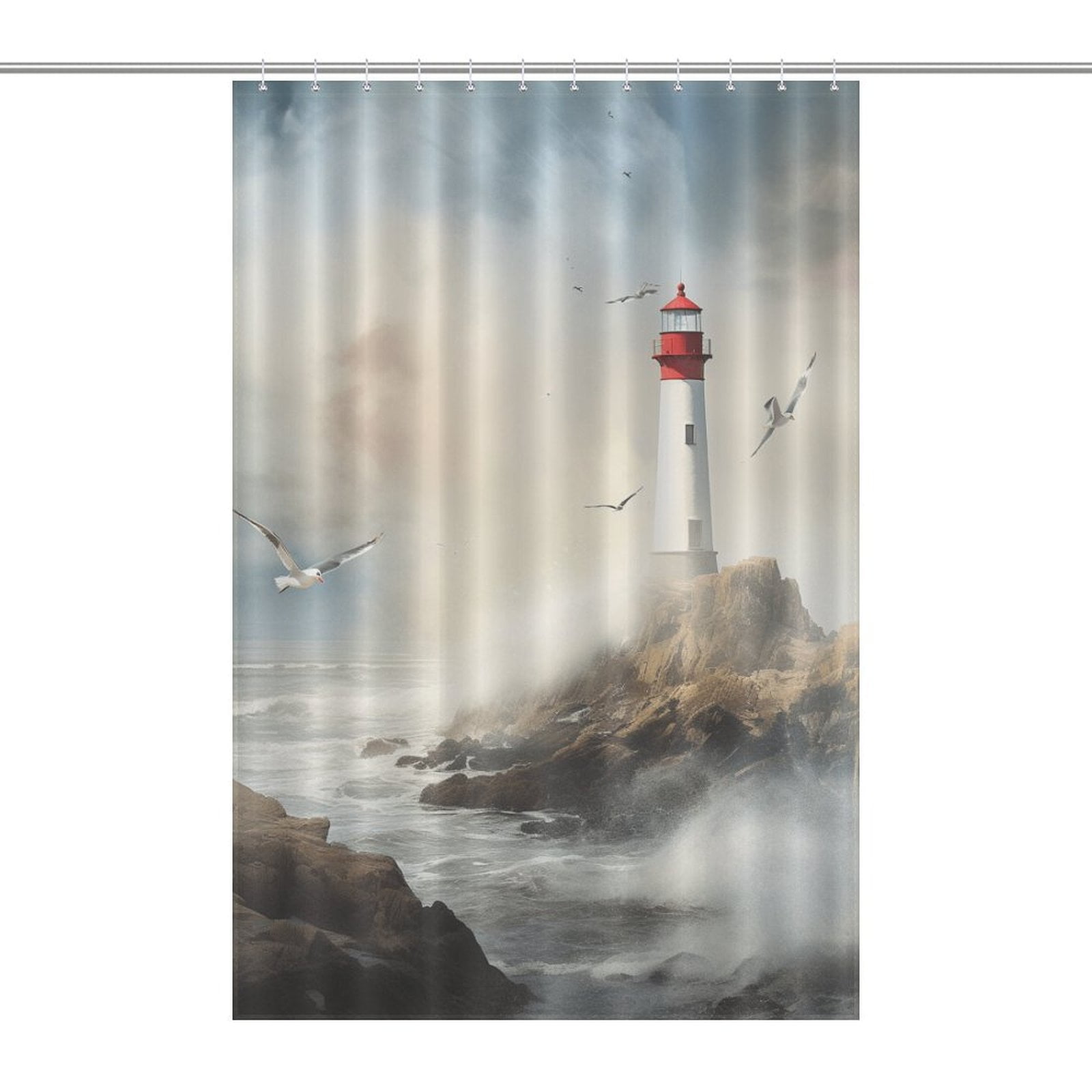 Lighthouse Sunrise Coast Scenery Pale Blue Tan Shower Curtain Fabric ...