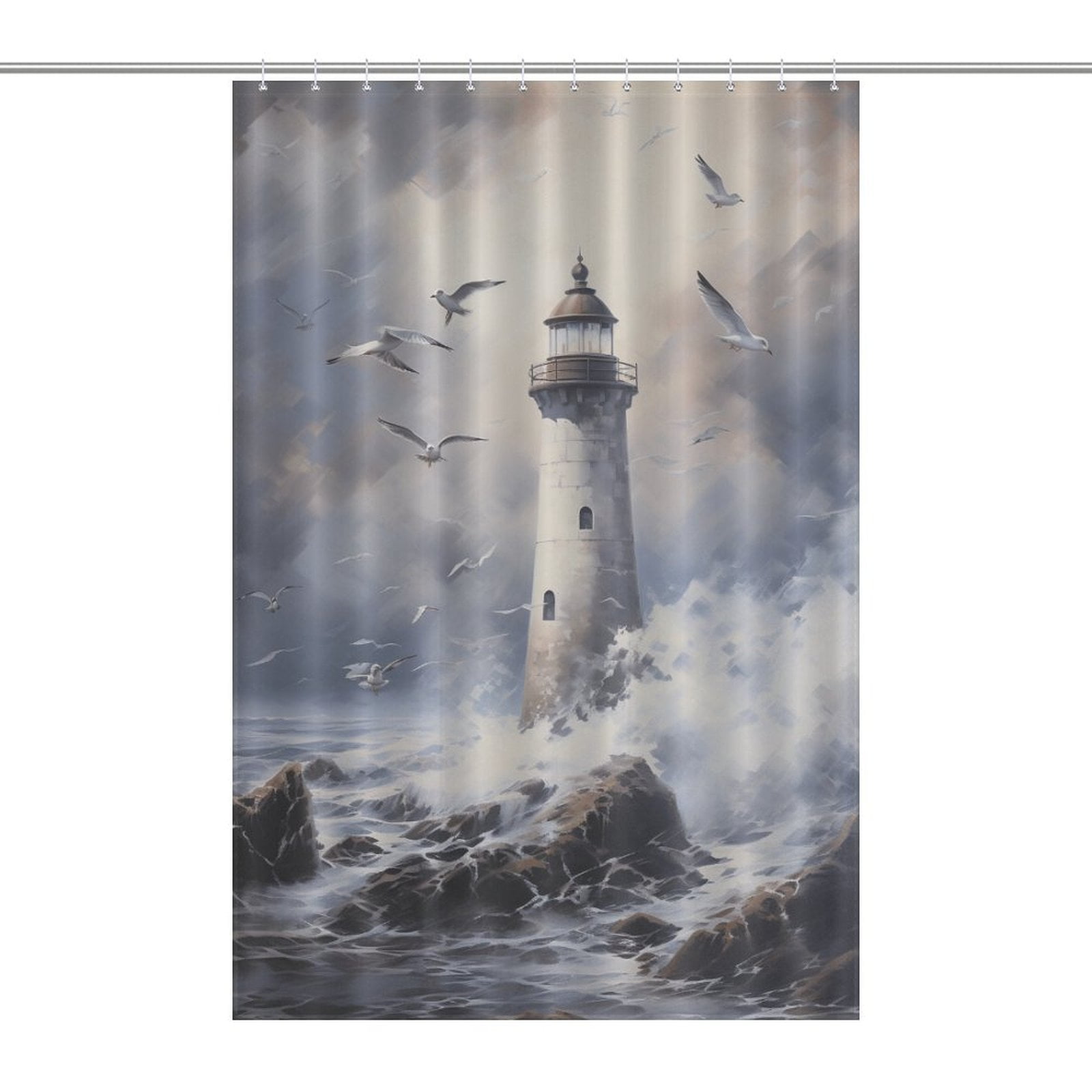 Lighthouse Sunrise Coast Scenery Pale Blue Tan Shower Curtain Fabric ...