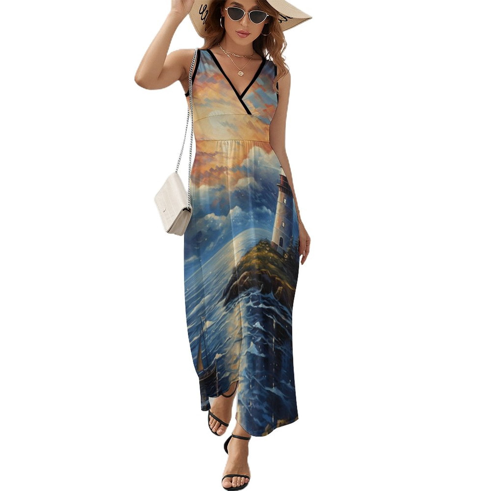 Lighthouse Sunrise Coast Scenery Pale Blue Tan Sleeveless Dress Female ...