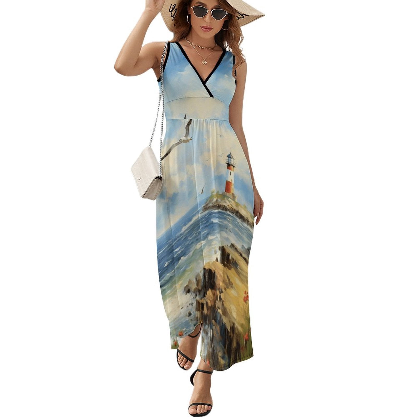 Lighthouse Sunrise Coast Scenery Pale Blue Tan Sleeveless Dress Female ...