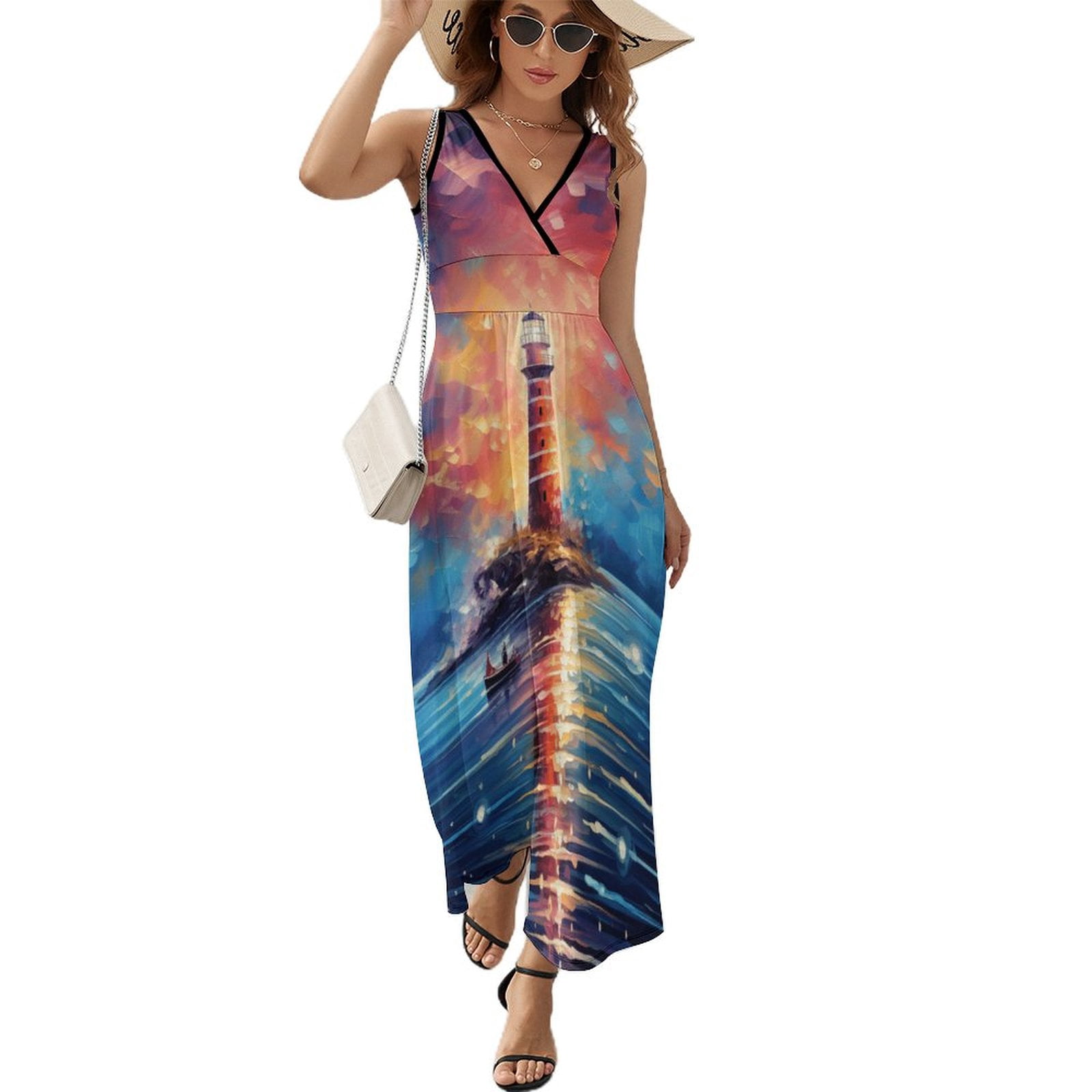 Lighthouse Sunrise Coast Scenery Pale Blue Tan Sleeveless Dress Female ...