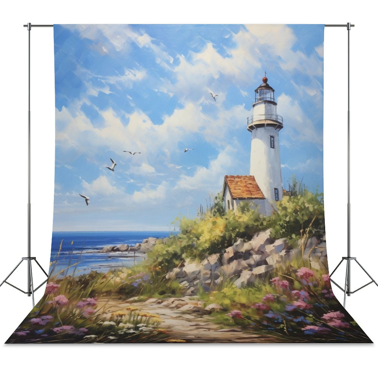 Lighthouse Sunrise Coast Scenery Pale Blue Tan Spring Backdrop ...