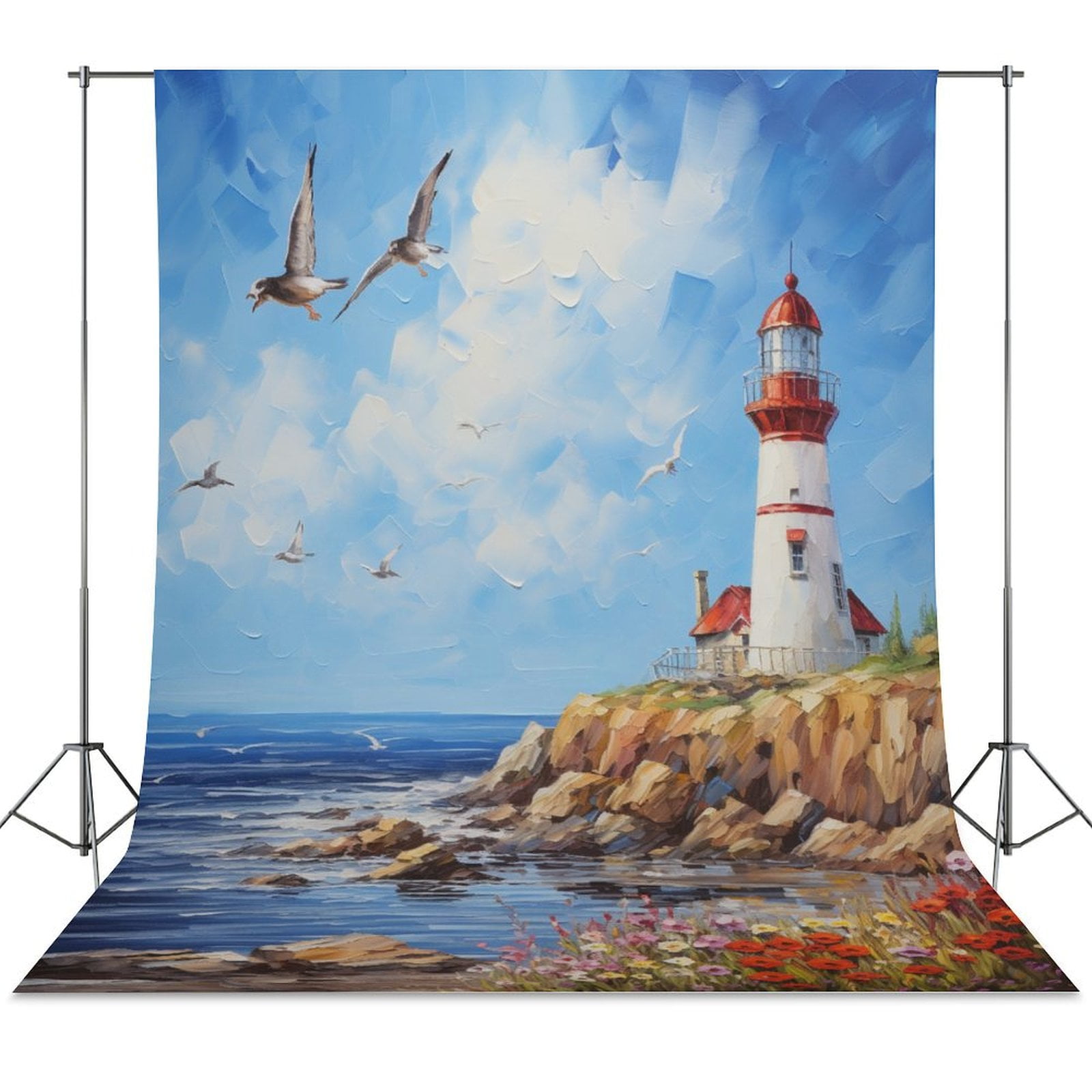 Lighthouse Sunrise Coast Scenery Pale Blue Tan Spring Backdrop ...