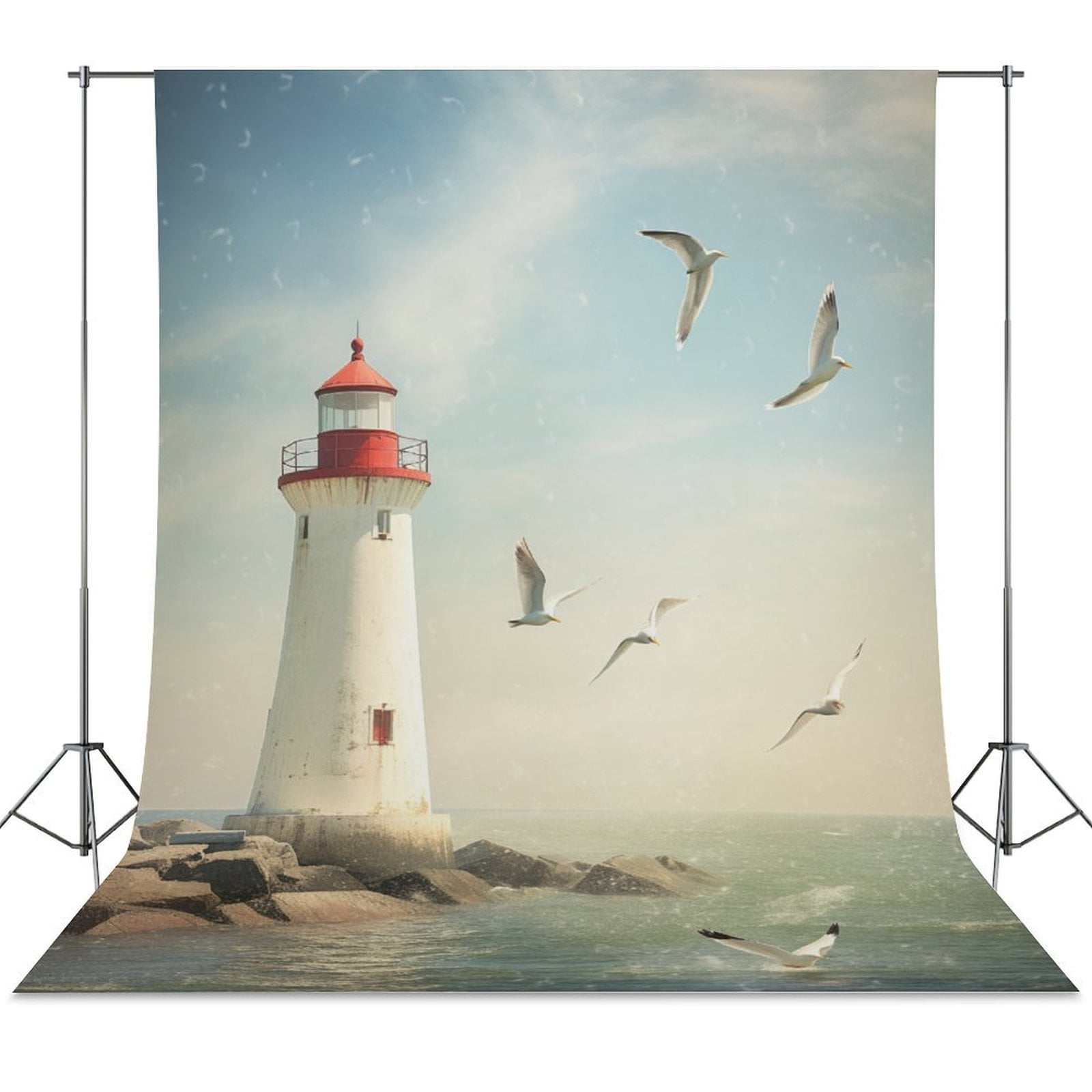 Lighthouse Sunrise Coast Scenery Pale Blue Tan Spring Backdrop ...