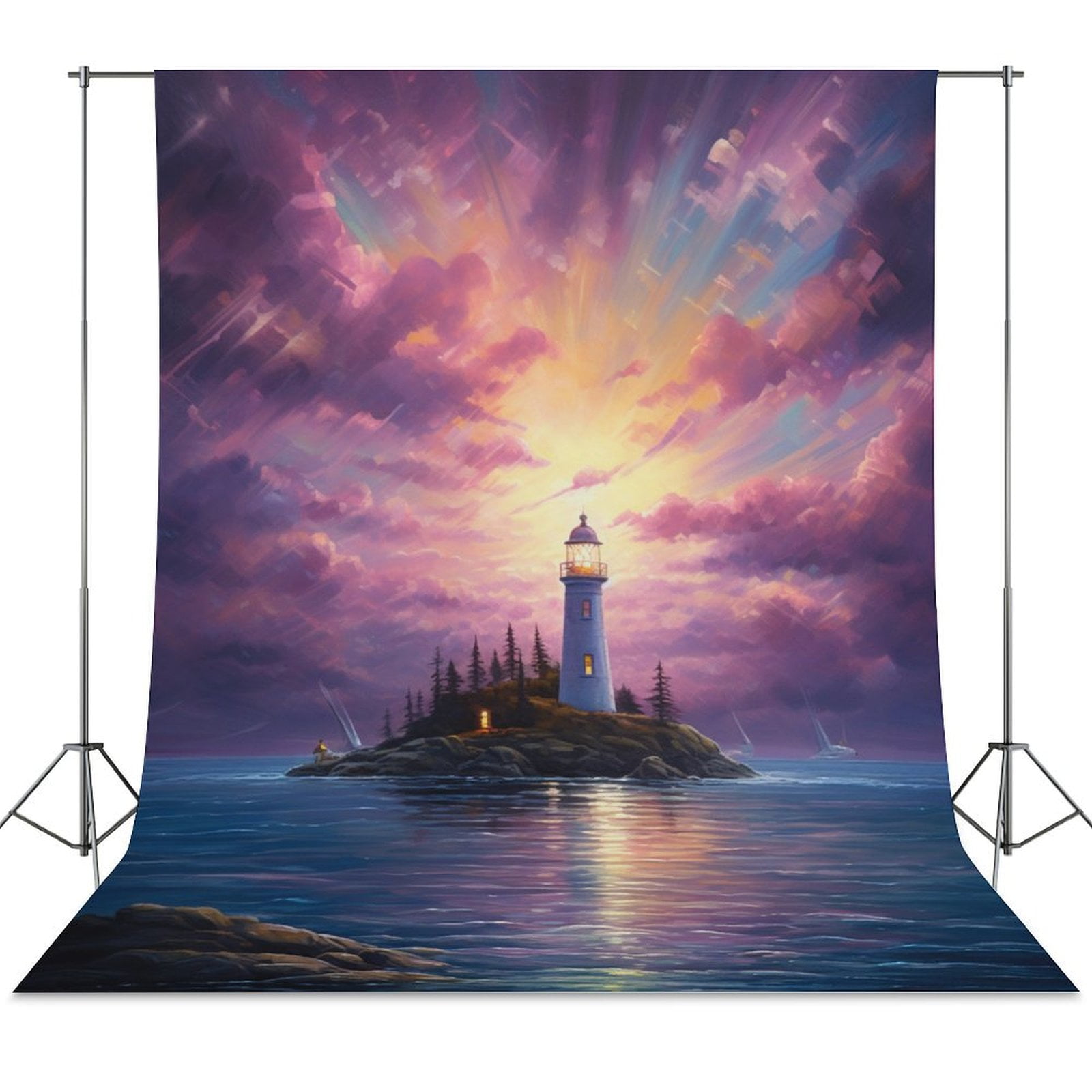 Lighthouse Sunrise Coast Scenery Pale Blue Tan Spring Wall Backdrop ...