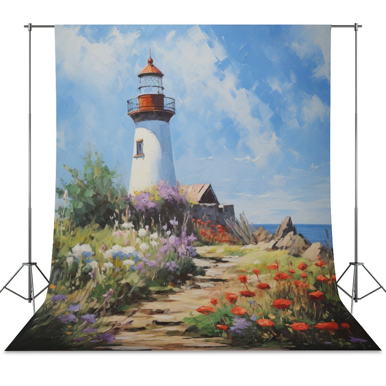 Lighthouse Sunrise Coast Scenery Pale Blue Tan Spring Wall Backdrop ...