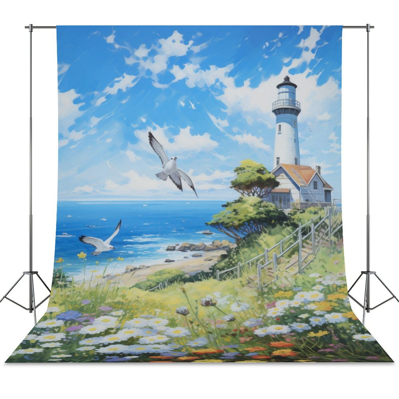 Lighthouse Sunrise Coast Scenery Pale Blue Tan Spring Wall Backdrop ...