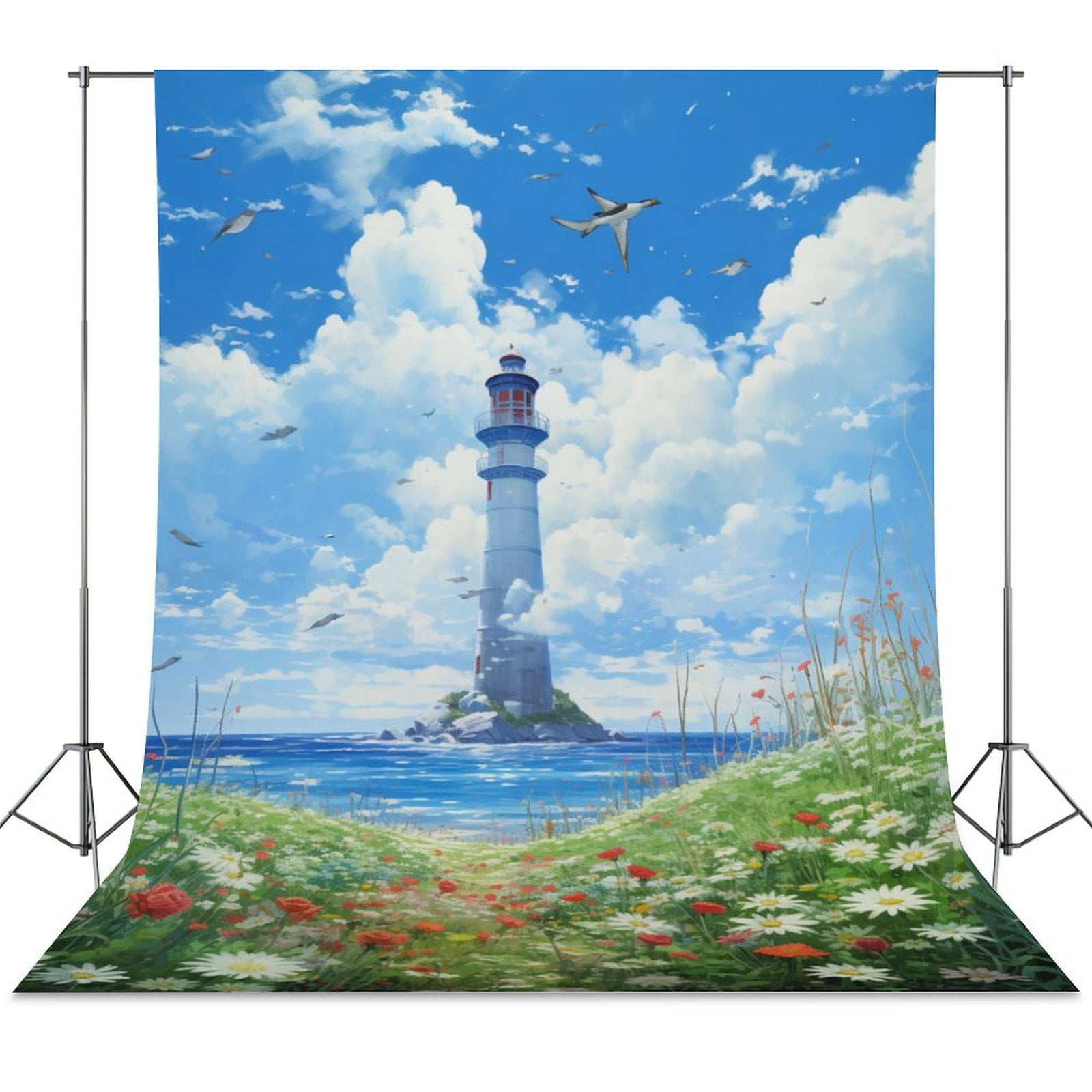 Lighthouse Sunrise Coast Scenery Pale Blue Tan Spring Wall Backdrop ...