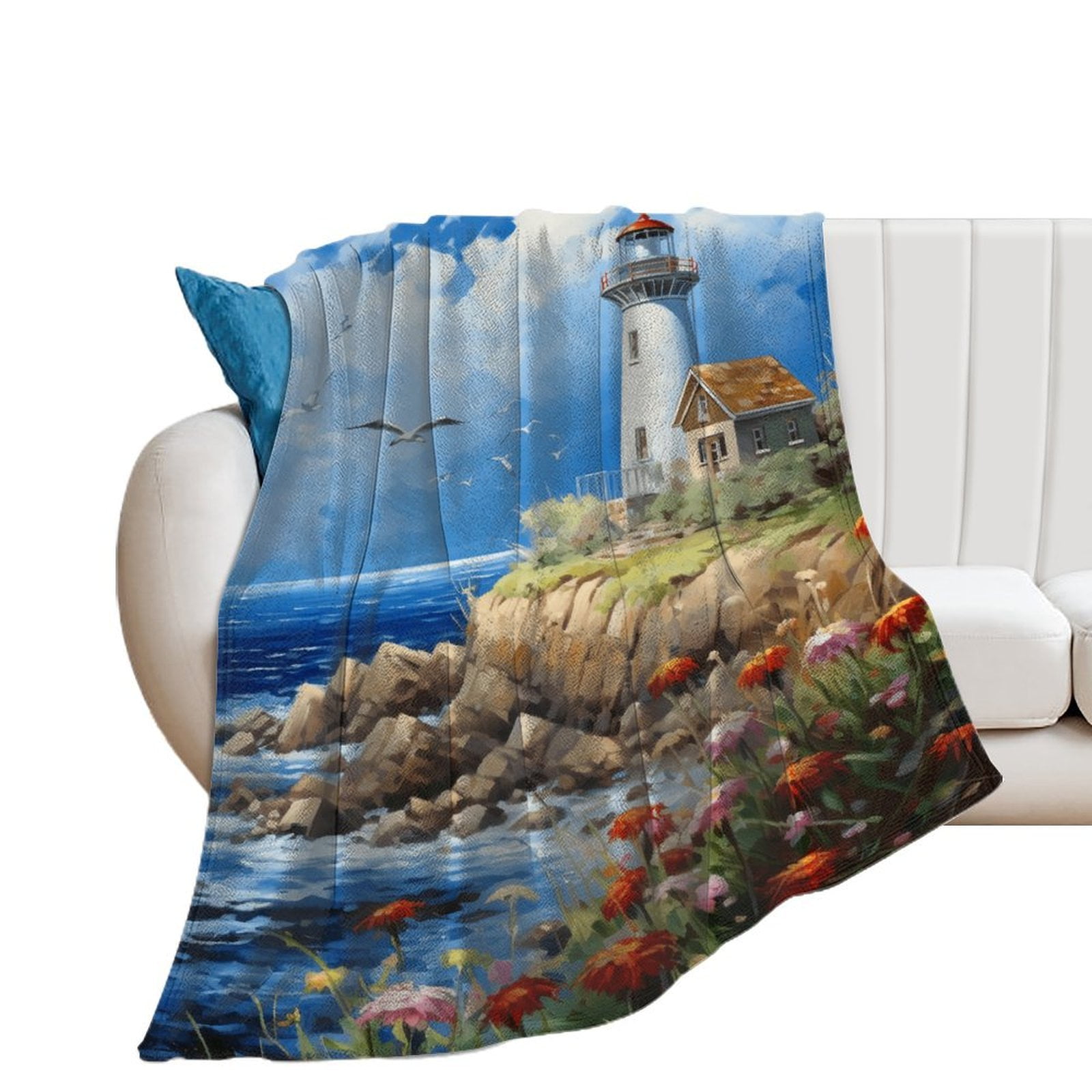 Lighthouse Sunrise Coast Scenery Pale Blue Tan Throw Blanket for Women ...
