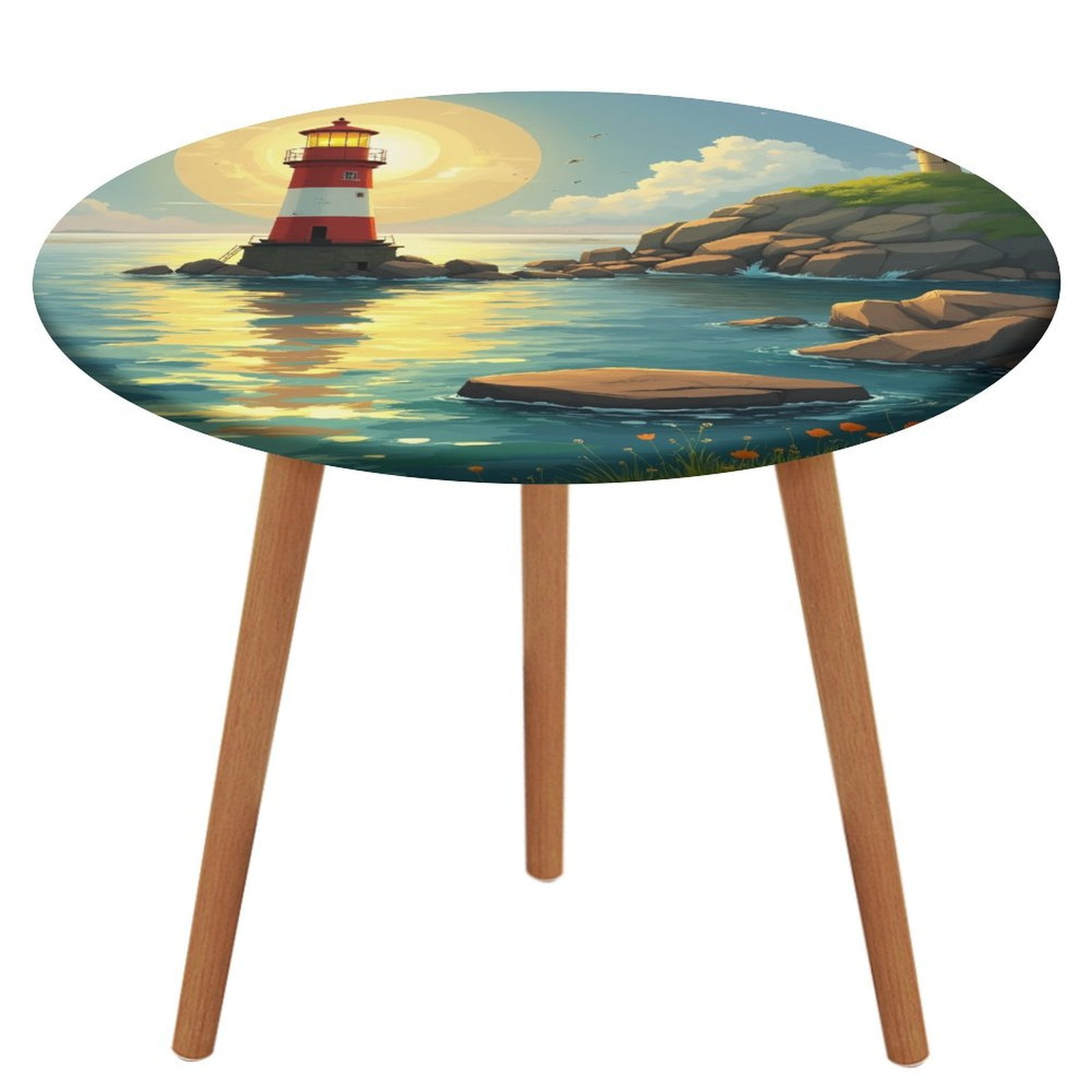 Lighthouse Sunset Seascape Tablecloth Round Elastic Fitted Waterproof ...