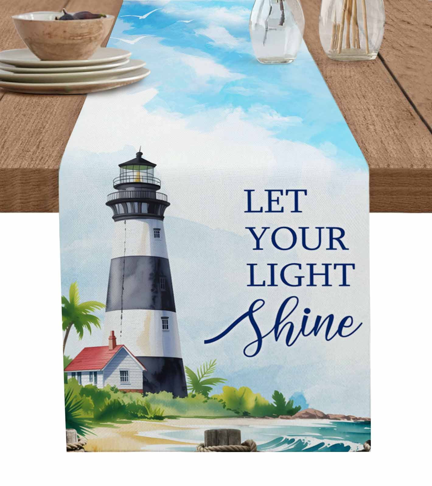 Lighthouse Table Runner 72 Inches, Blue Coastal Nautical Ocean Beach ...