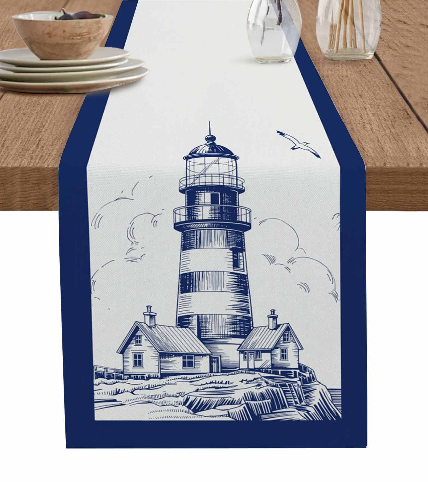 Lighthouse Table Runner 72 Inches, Ocean Seagull Vintage Navy Blue ...