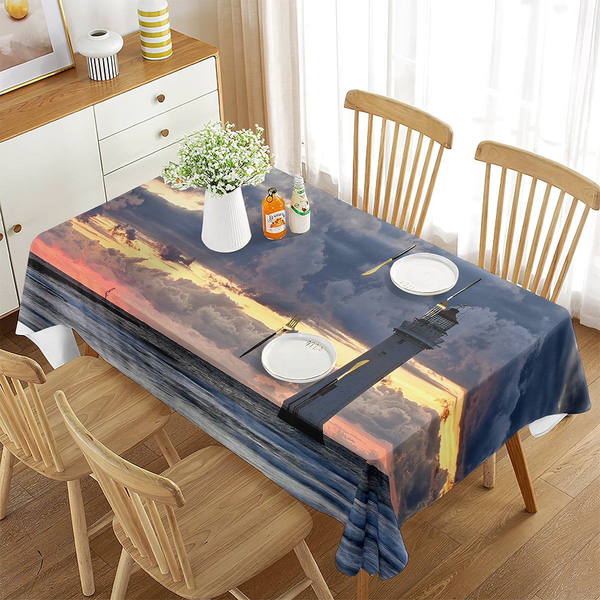 Lighthouse Tablecloth Sunset Sea Pattern Rectangle Table Cover for ...