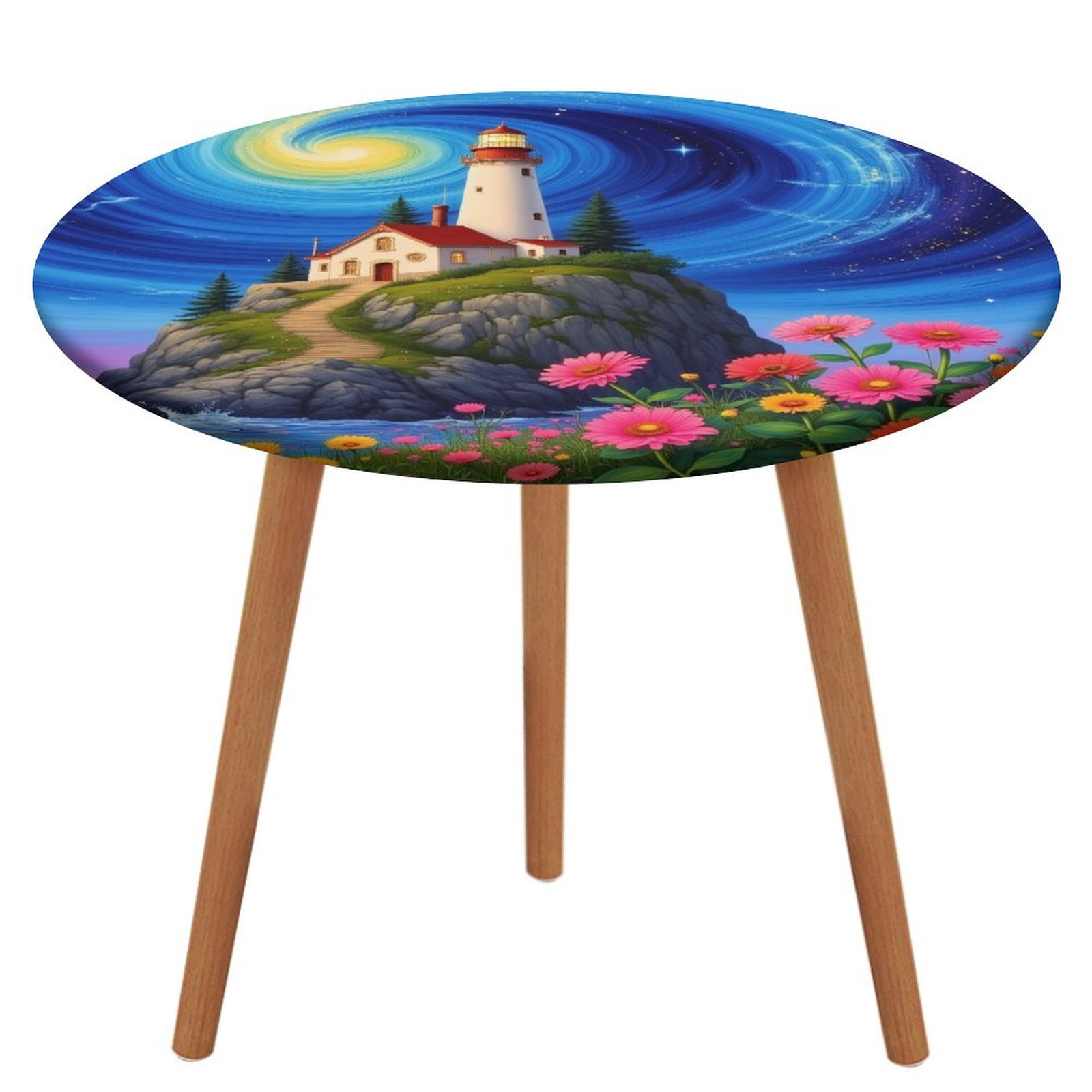 Lighthouse Under Starry Sky Pattern Round Tablecloth Waterproof Elastic ...
